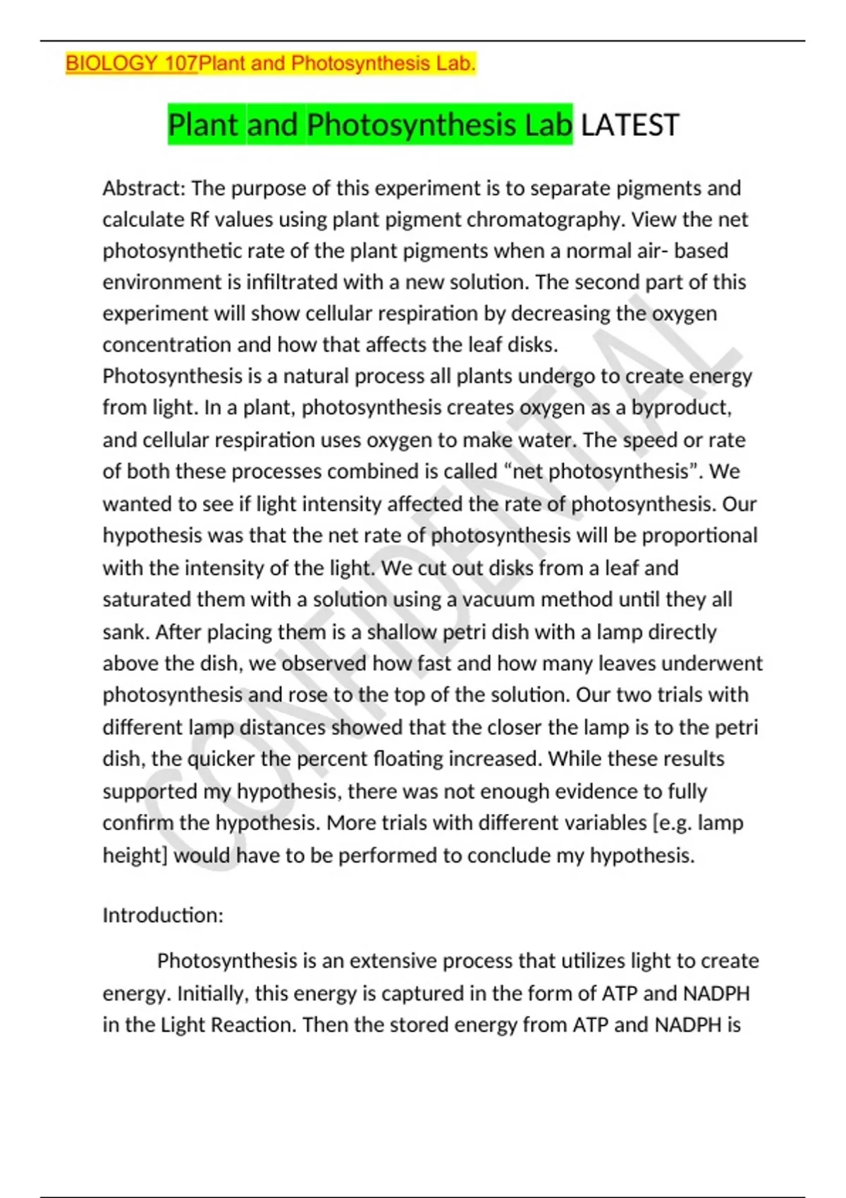 BIOLOGY 107Plant and Photosynthesis Lab. - BIOLOGY 107Plant and ...