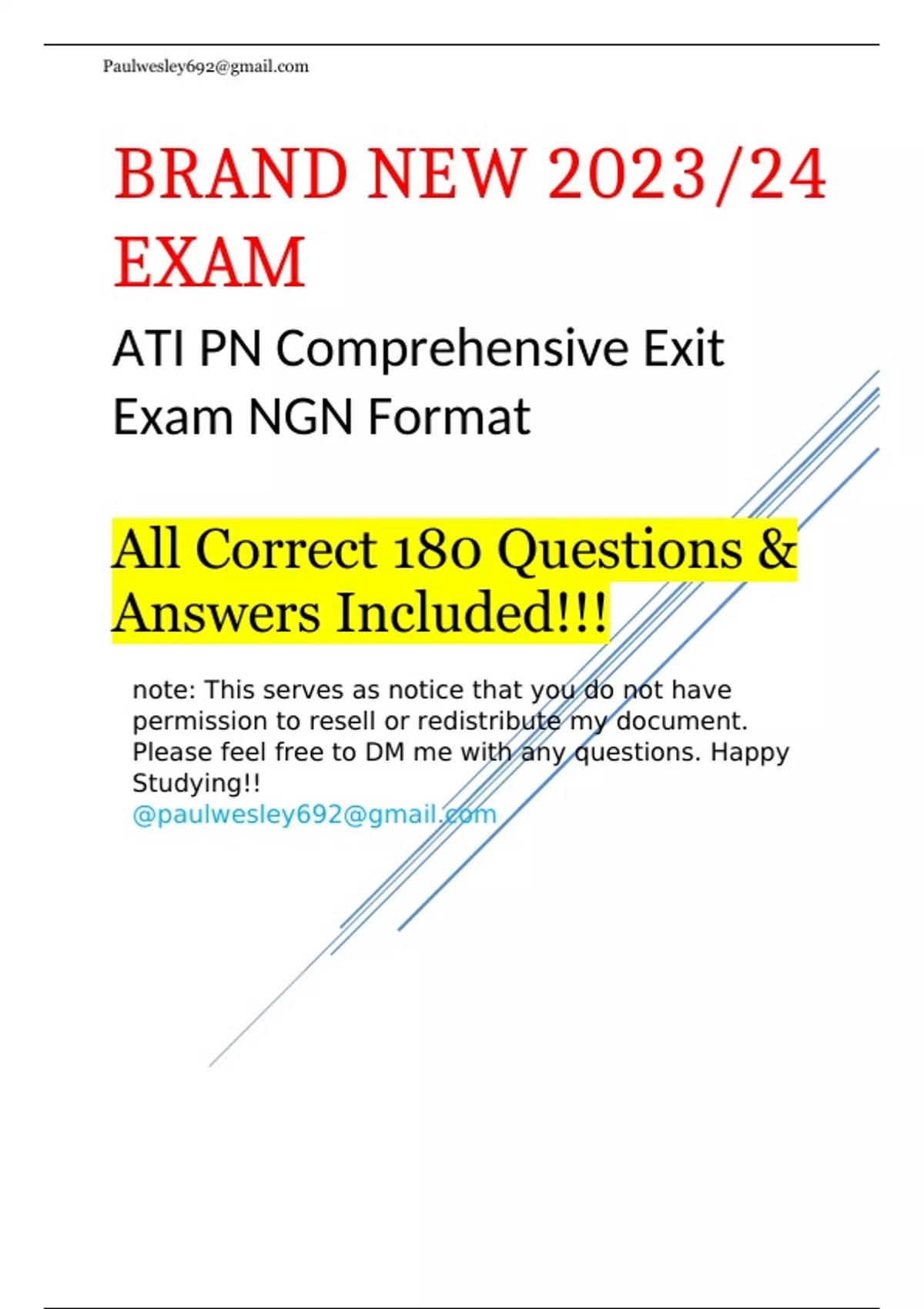 ATI PN Comprehensive Exit Exam NGN Format BRAND NEW 2023/24 EXAM - C&S ...