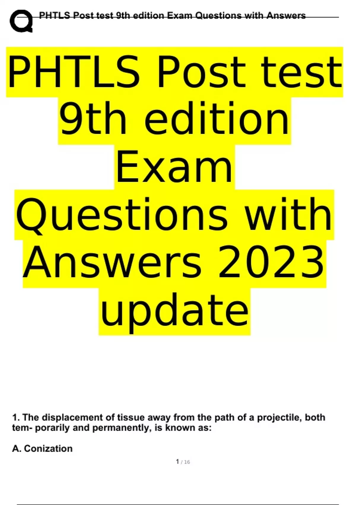 PHTLS Post test 9th edition Exam Questions with Answers 2023 update ...