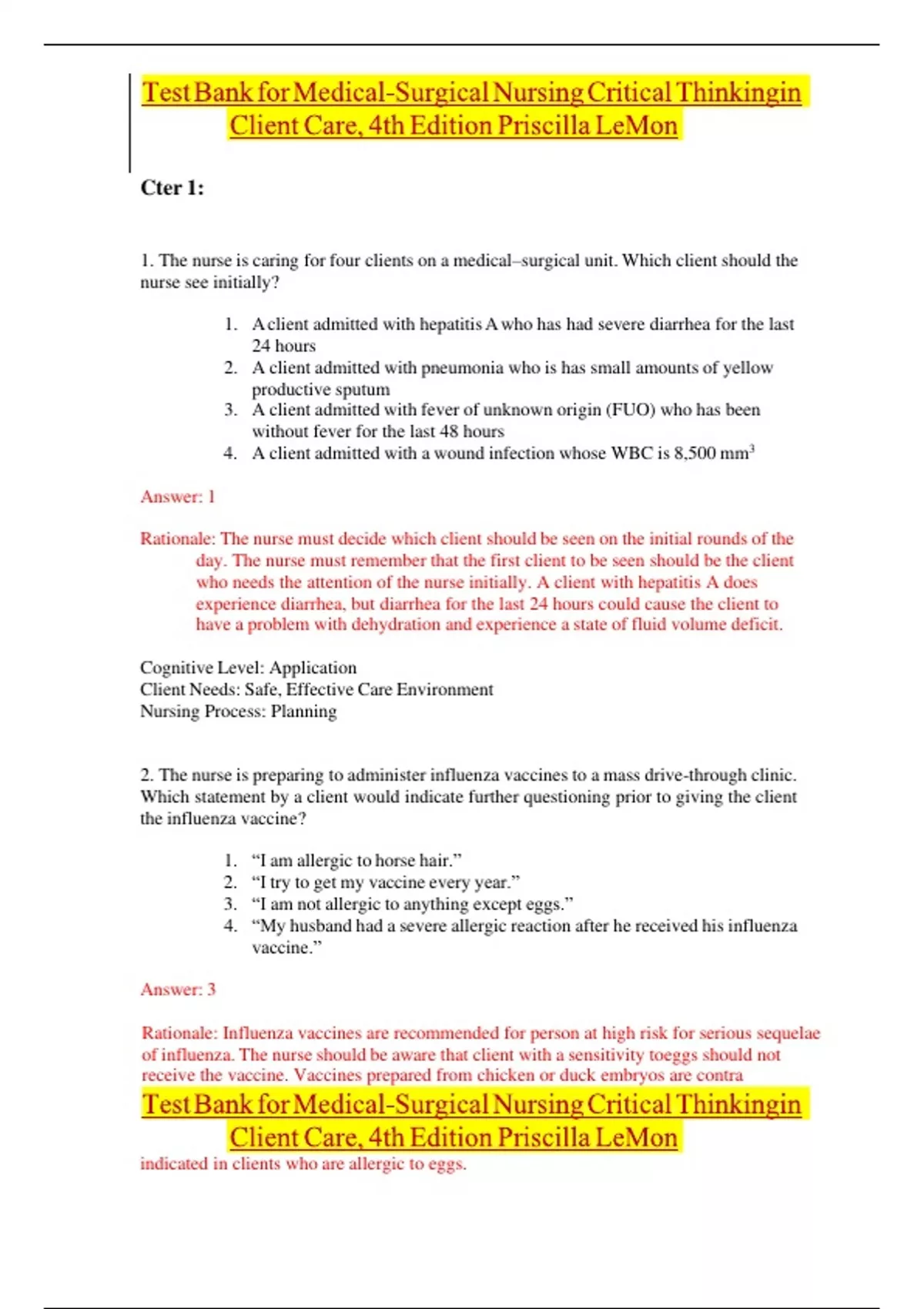 Test Bank for Medical-Surgical Nursing Critical Thinking in Client Care ...