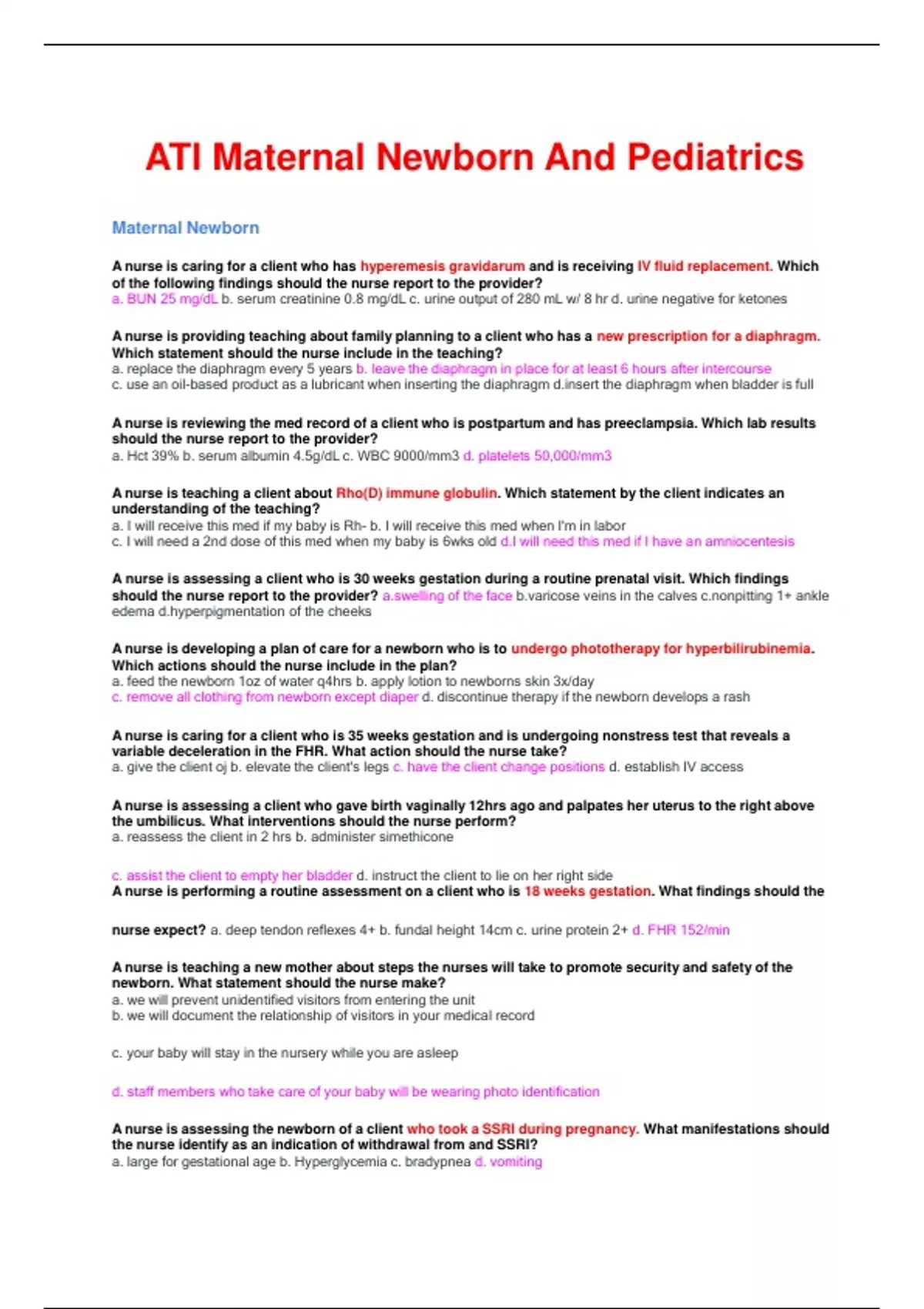 ATI Maternal Newborn And Pediatrics - ATI Maternal Newborn - Stuvia US