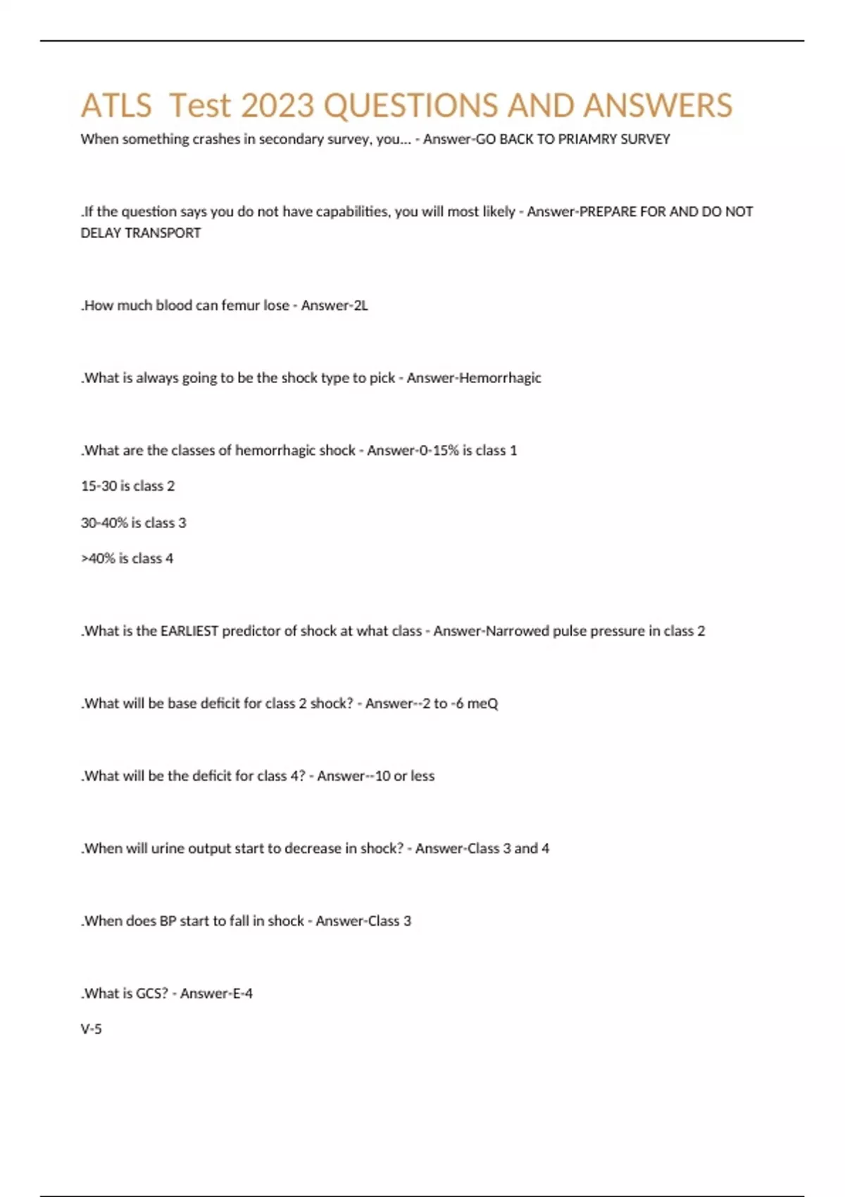 ATLS Test 2023 QUESTIONS AND ANSWERS - ATLS - Stuvia US