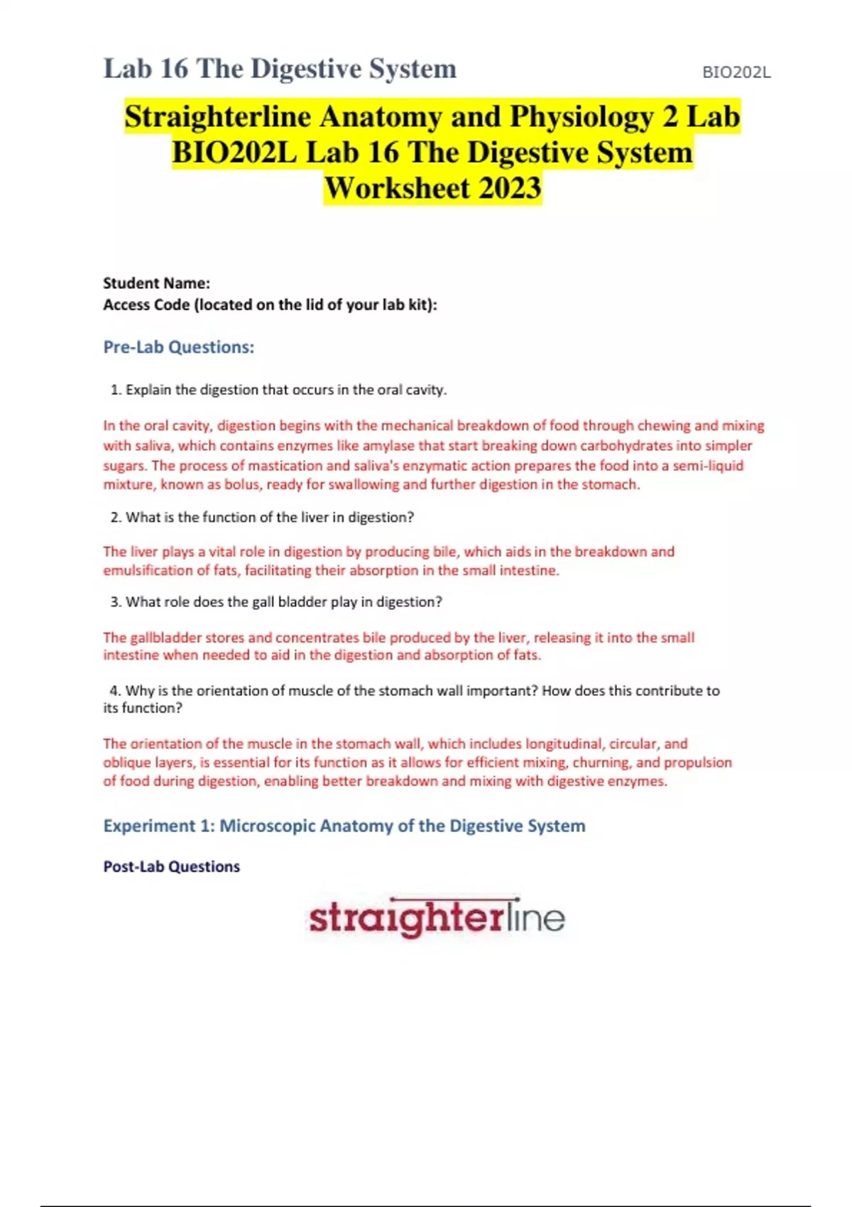 Straighterline Anatomy and Physiology 2 Lab BIO202L Lab 16 The ...