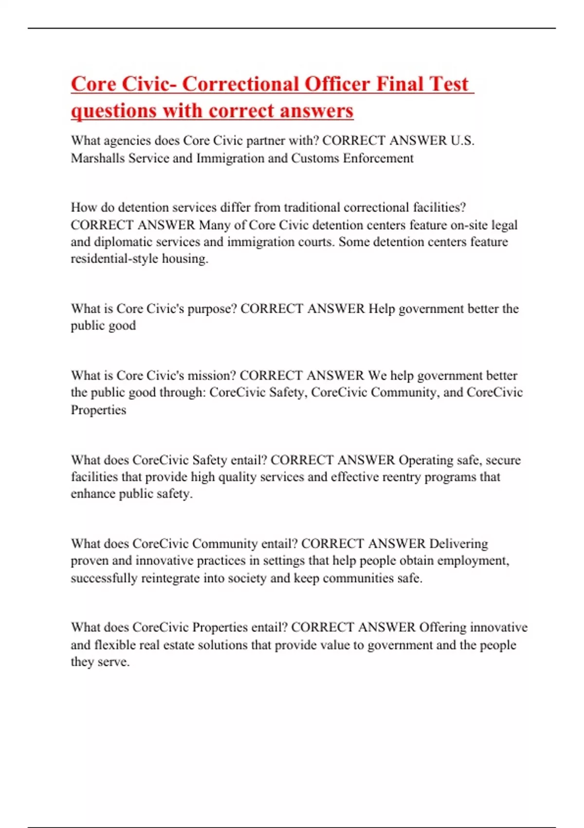 Core Civic- Correctional Officer Final Test questions with correct ...