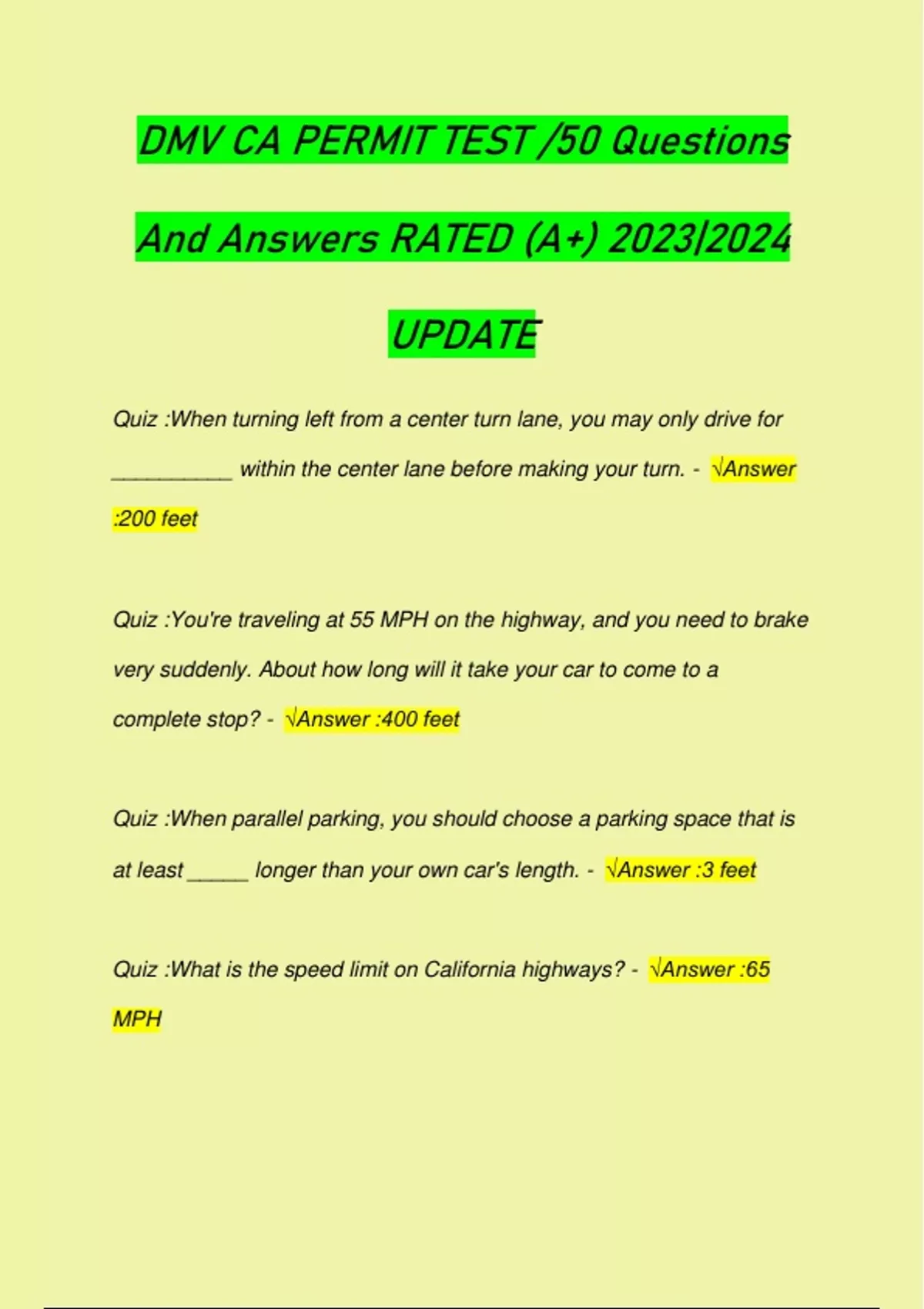 DMV CA PERMIT TEST /50 Questions And Answers RATED (A+) 2023|2024 ...