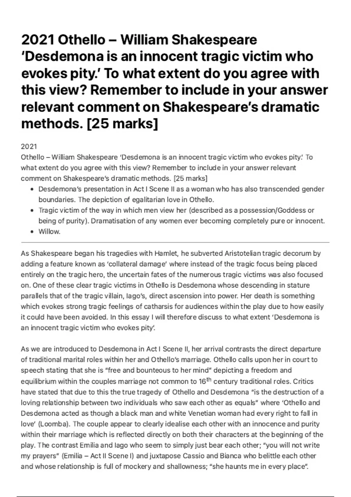 Summary A* AQA ENGLISH LITERATURE OTHELLO ESSAY - 2021 Othello ...