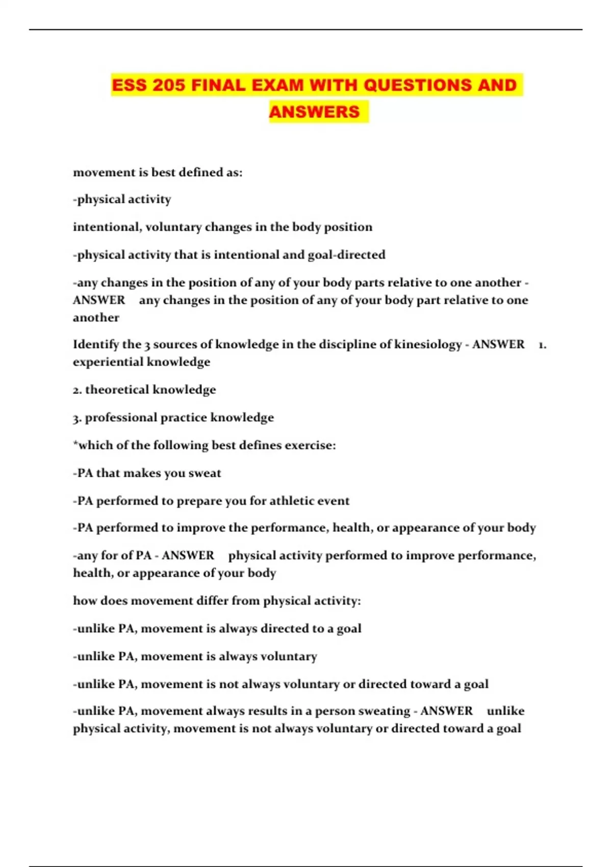 ESS 205 FINAL EXAM WITH QUESTIONS AND ANSWERS - ESS 205 - Stuvia US