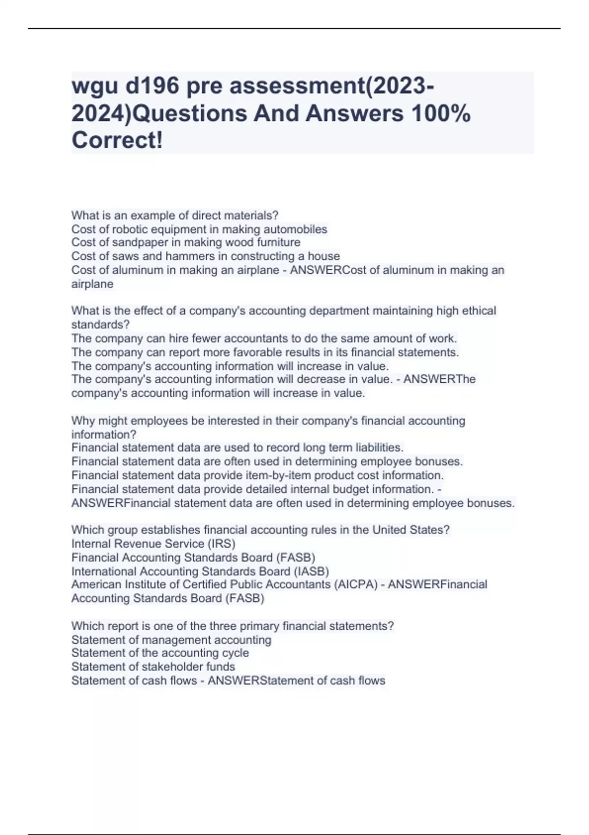 wgu d196 pre assessment()Questions And Answers 100% Correct! - Wgu d196 pre assessment - Stuvia US