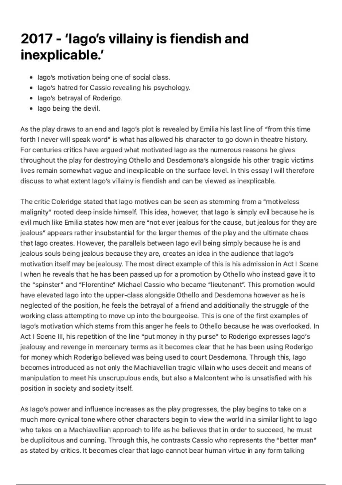 Summary A* AQA ENGLISH LITERATURE OTHELLO ESSAY - 2017 - ‘Iago’s villainy is fiendish and ...