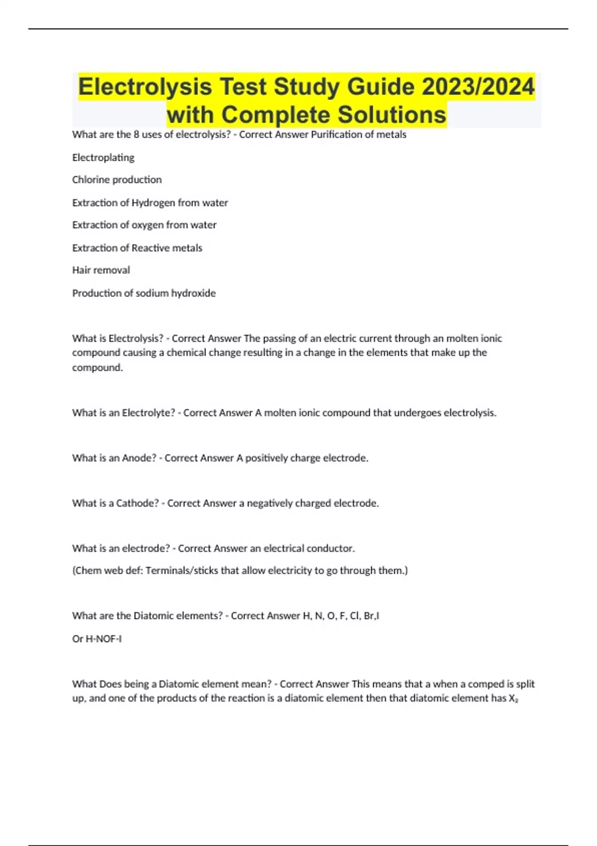 Electrolysis Test Study Guide 2023/2024 with Complete Solutions ...