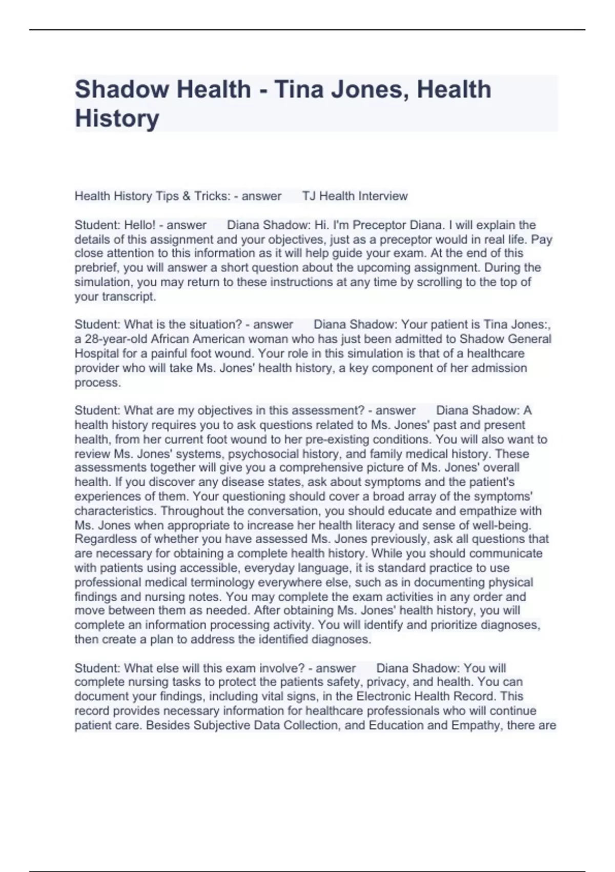 Shadow Health - Tina Jones, Health History Questions with Accurate ...