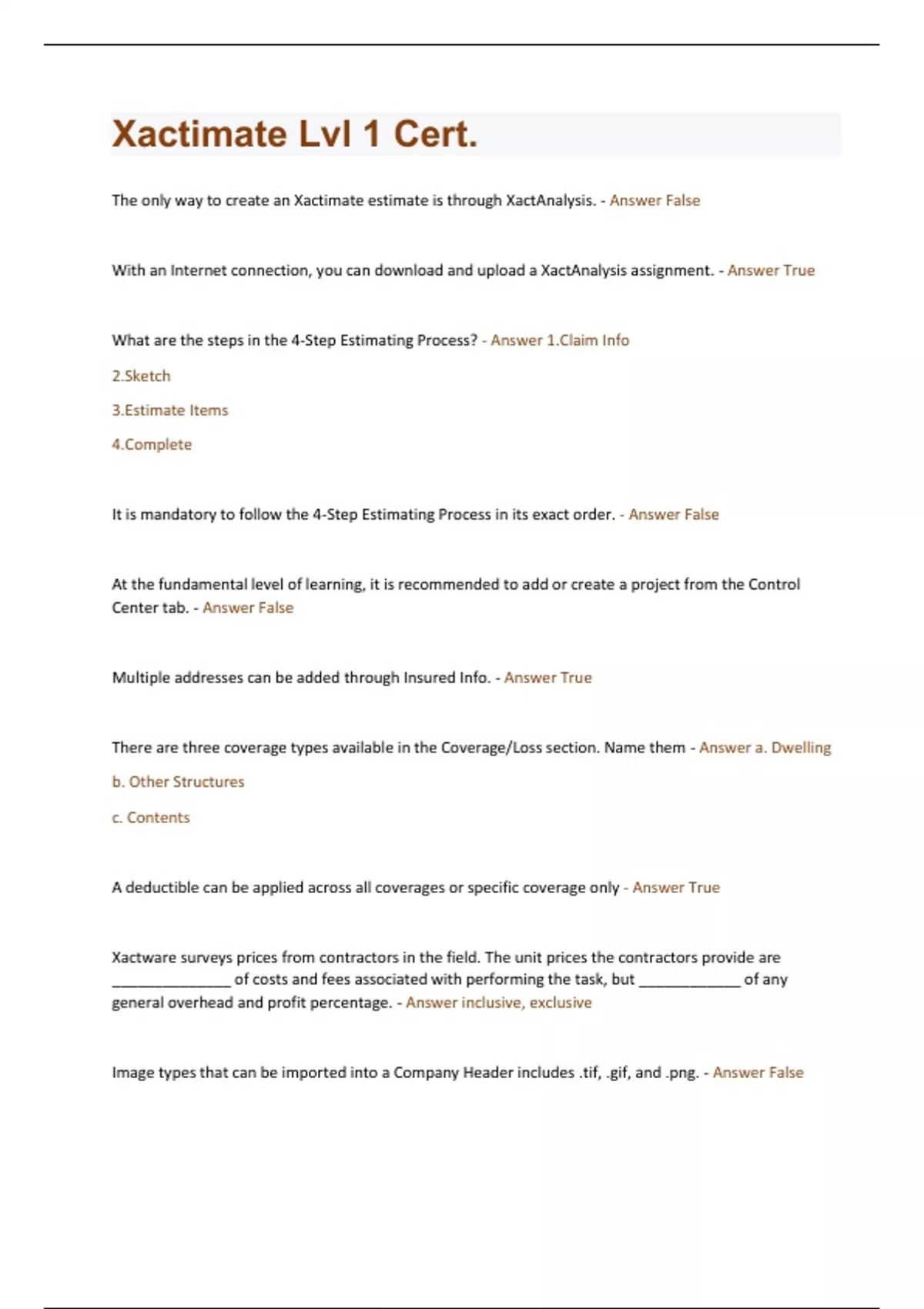 Xactimate Lvl 1 Cert. Questions and Answers(A+ Solution guide ...