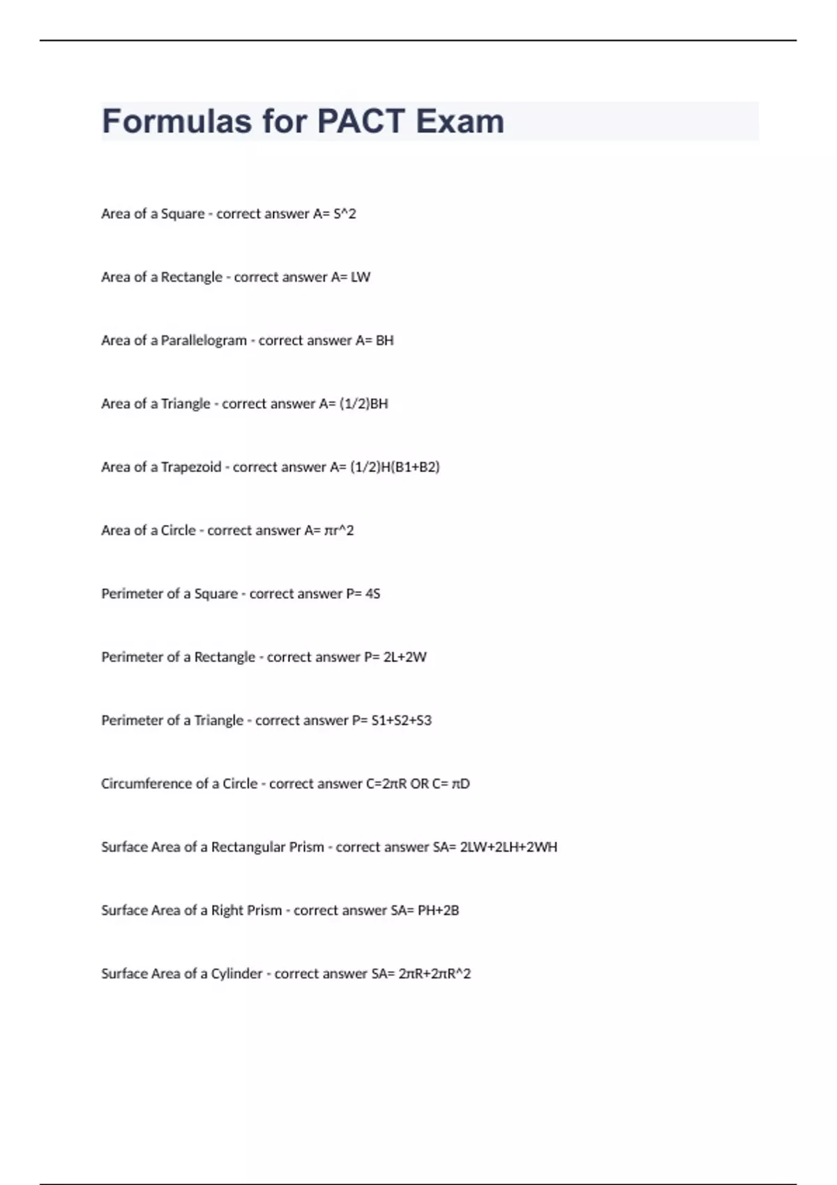 Formulas for PACT Exam fully solved graded A+ 2023/2024 - TEXAS PACT ...