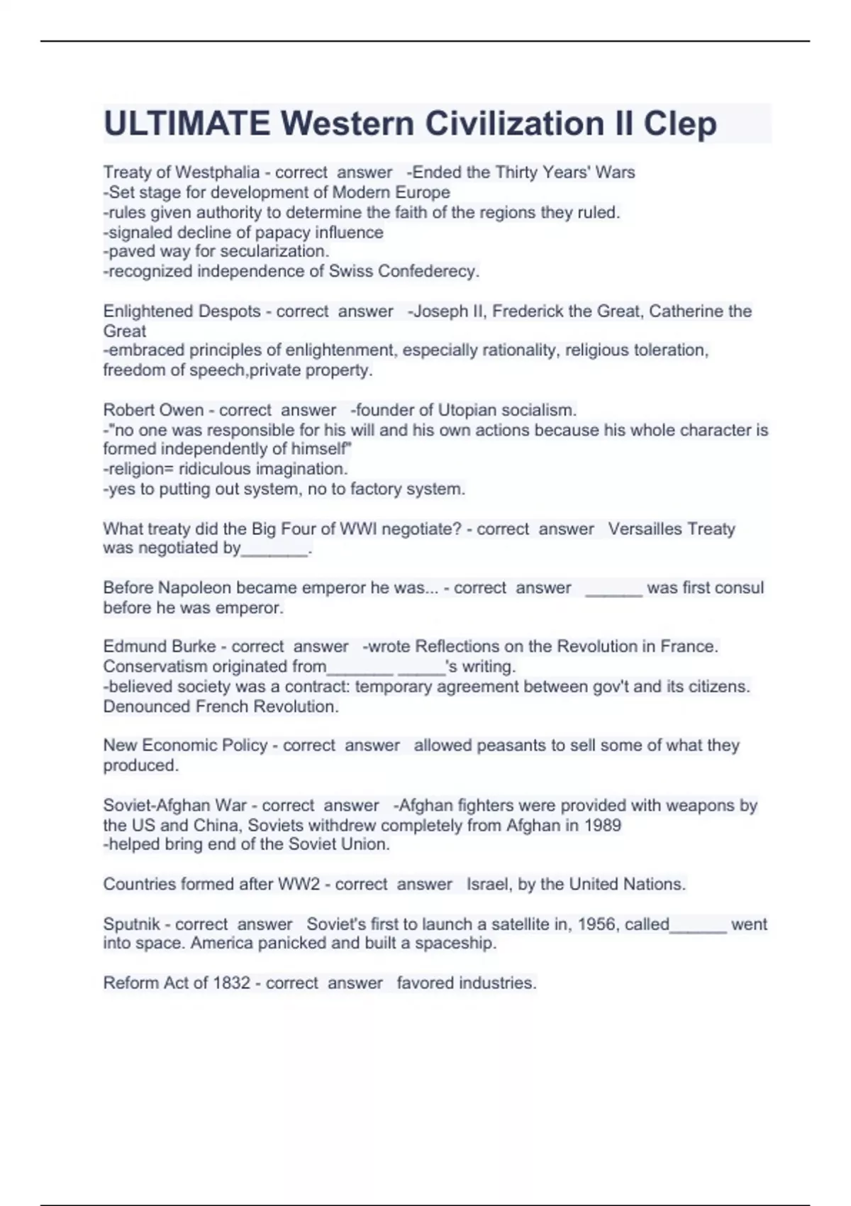 ULTIMATE Western Civilization II Clep Question and answers 100% correct ...