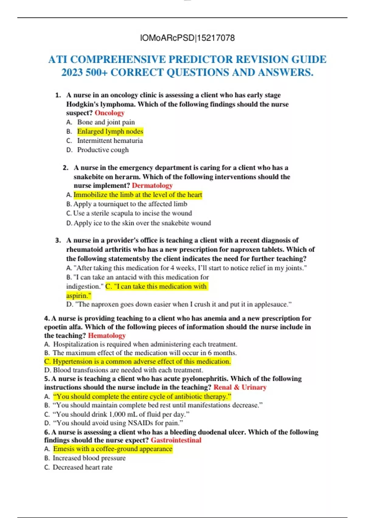 ATI COMPREHENSIVE PREDICTOR REVISION GUIDE 2023 500+ CORRECT QUESTIONS ...