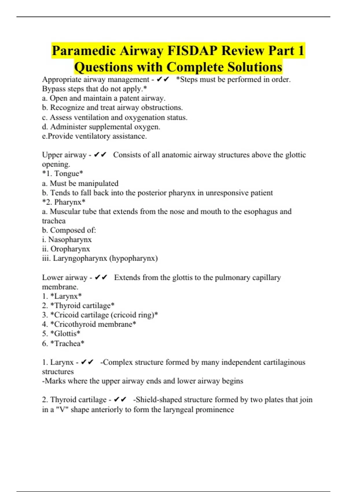 Paramedic Airway FISDAP Review Part 1 Questions with Complete Solutions - Paramedic Airway ...