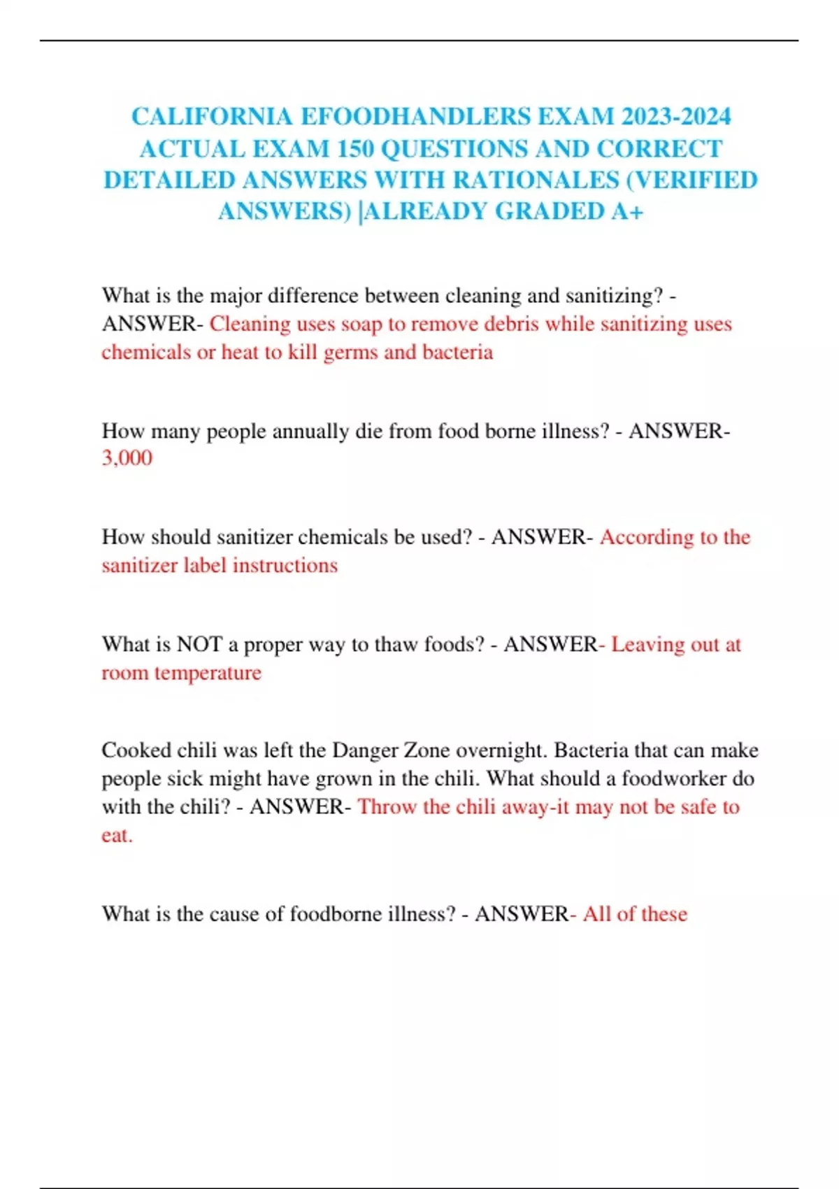 CALIFORNIA EFOODHANDLERS EXAM ACTUAL EXAM 150 QUESTIONS AND CORRECT ...