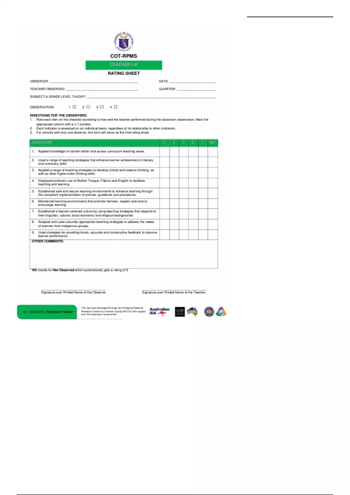 Summary [Appendix C-06] COT-RPMS Rating Sheet for MT I-IV for SY - BSED ...