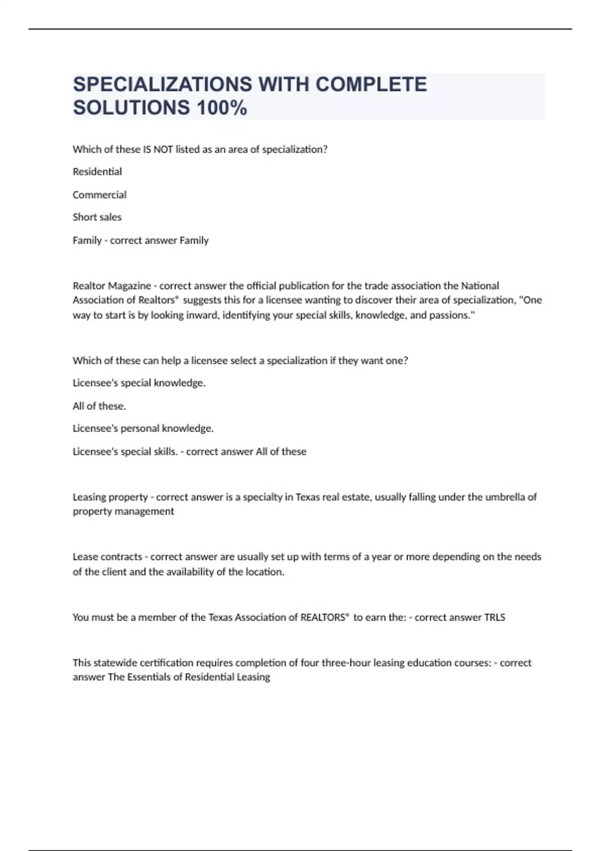 SPECIALIZATIONS WITH COMPLETE SOLUTIONS 100% - Specializations - Stuvia US