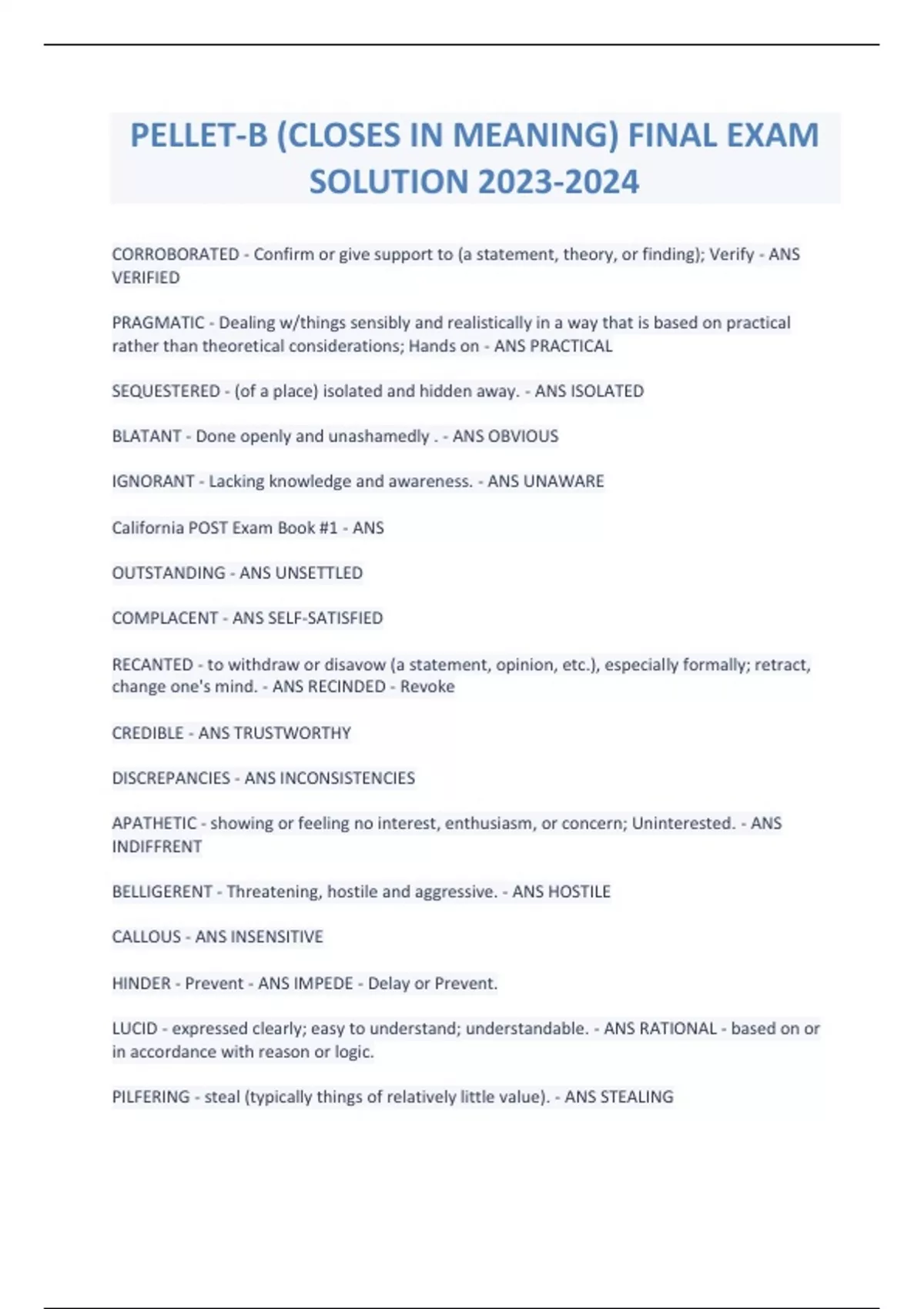 PELLET-B (CLOSES IN MEANING) FINAL EXAM SOLUTION - PELLET-B - Stuvia US