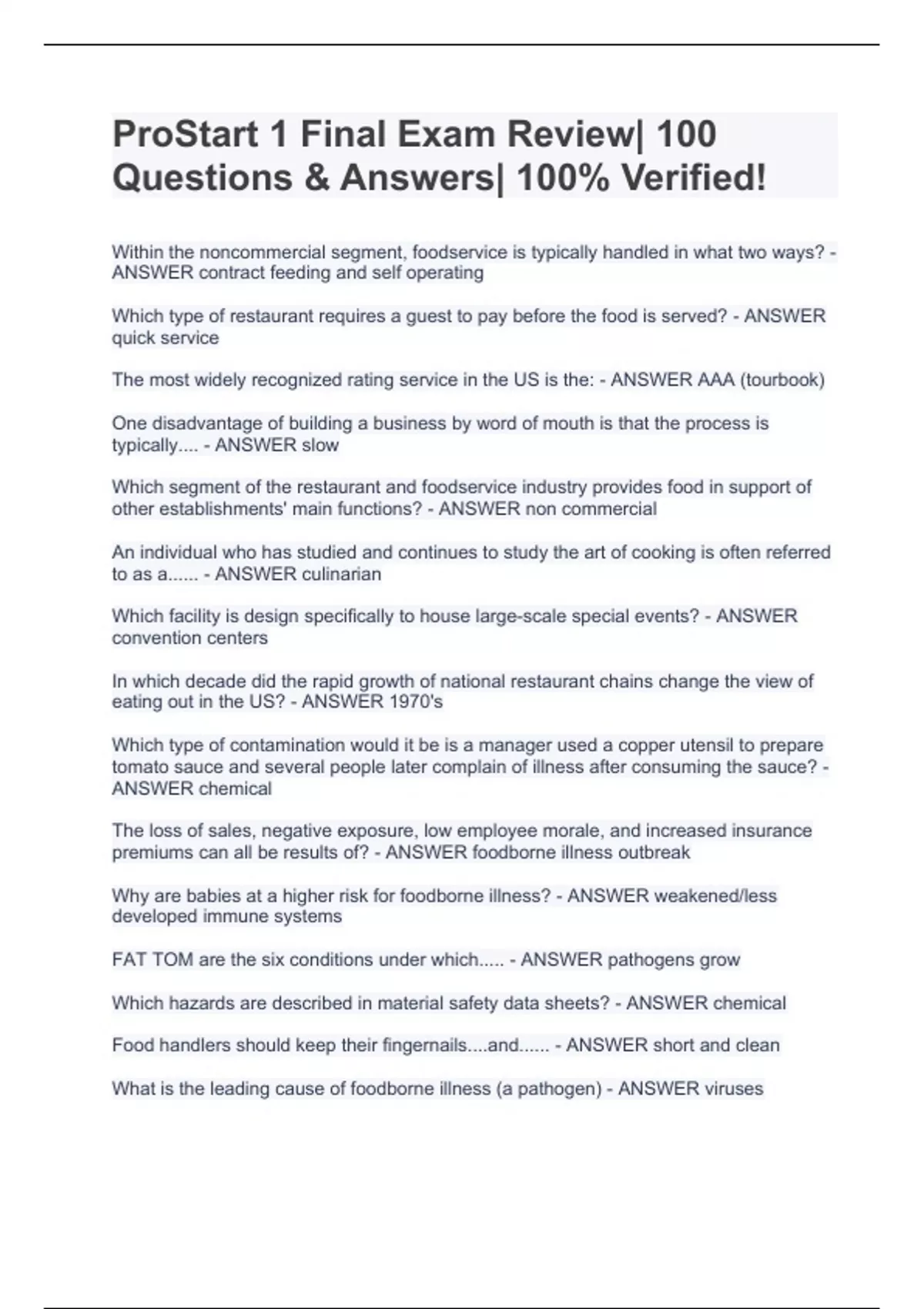 ProStart LEVEL 1 EXAM BUNDLE| Questions & Answers 100% Correct ...