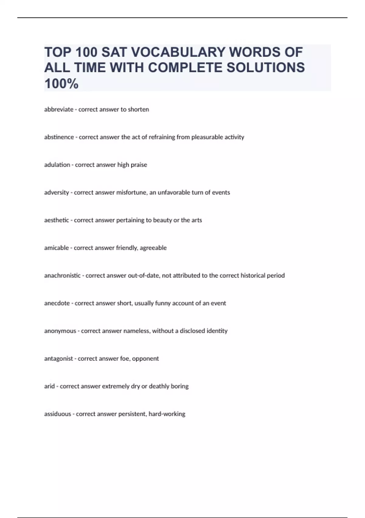 TOP 100 SAT VOCABULARY WORDS OF ALL TIME WITH COMPLETE SOLUTIONS 100% ...