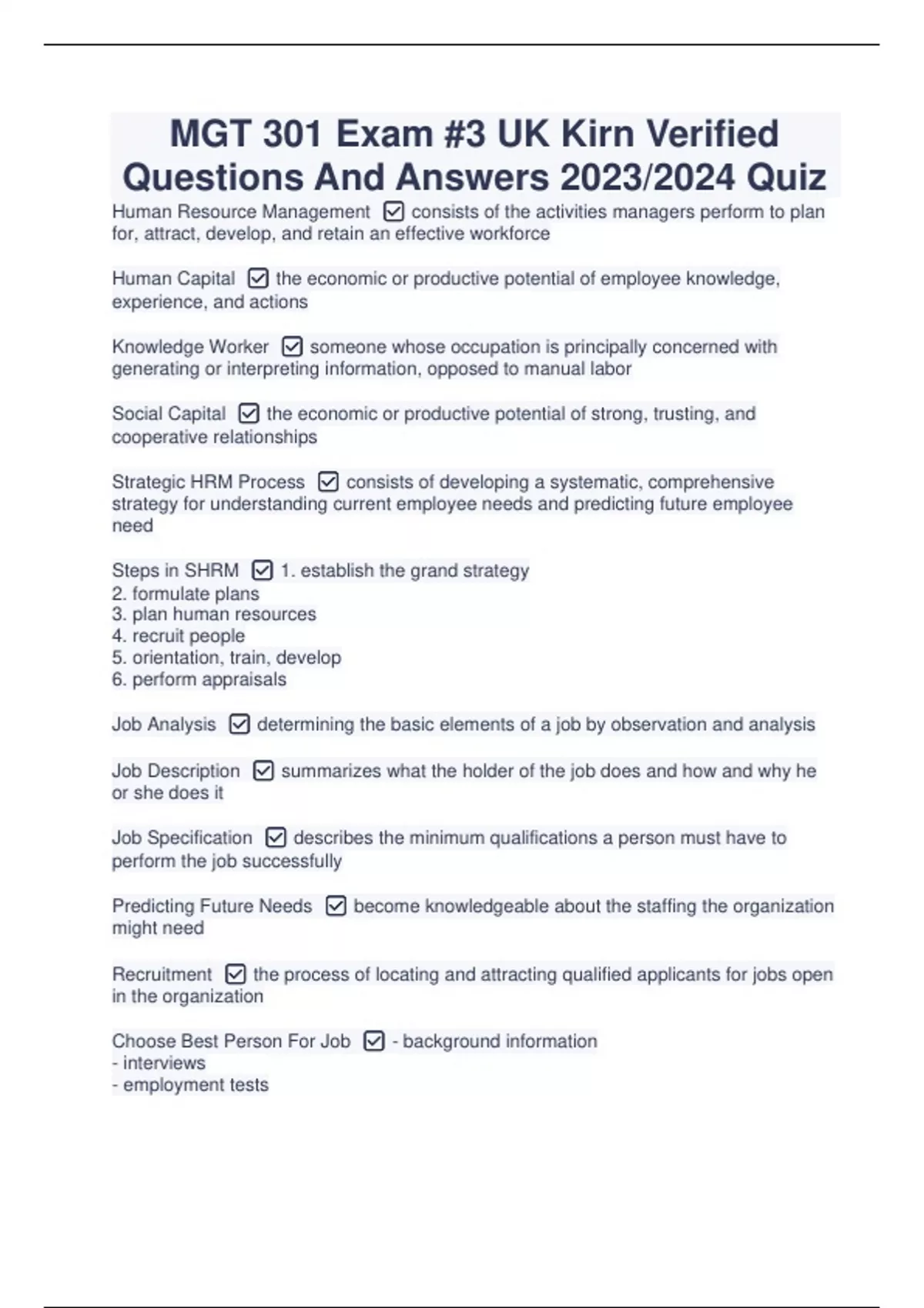 MGT 301 Exam #3 UK Kirn Verified Questions And Answers 2023/2024 Quiz ...