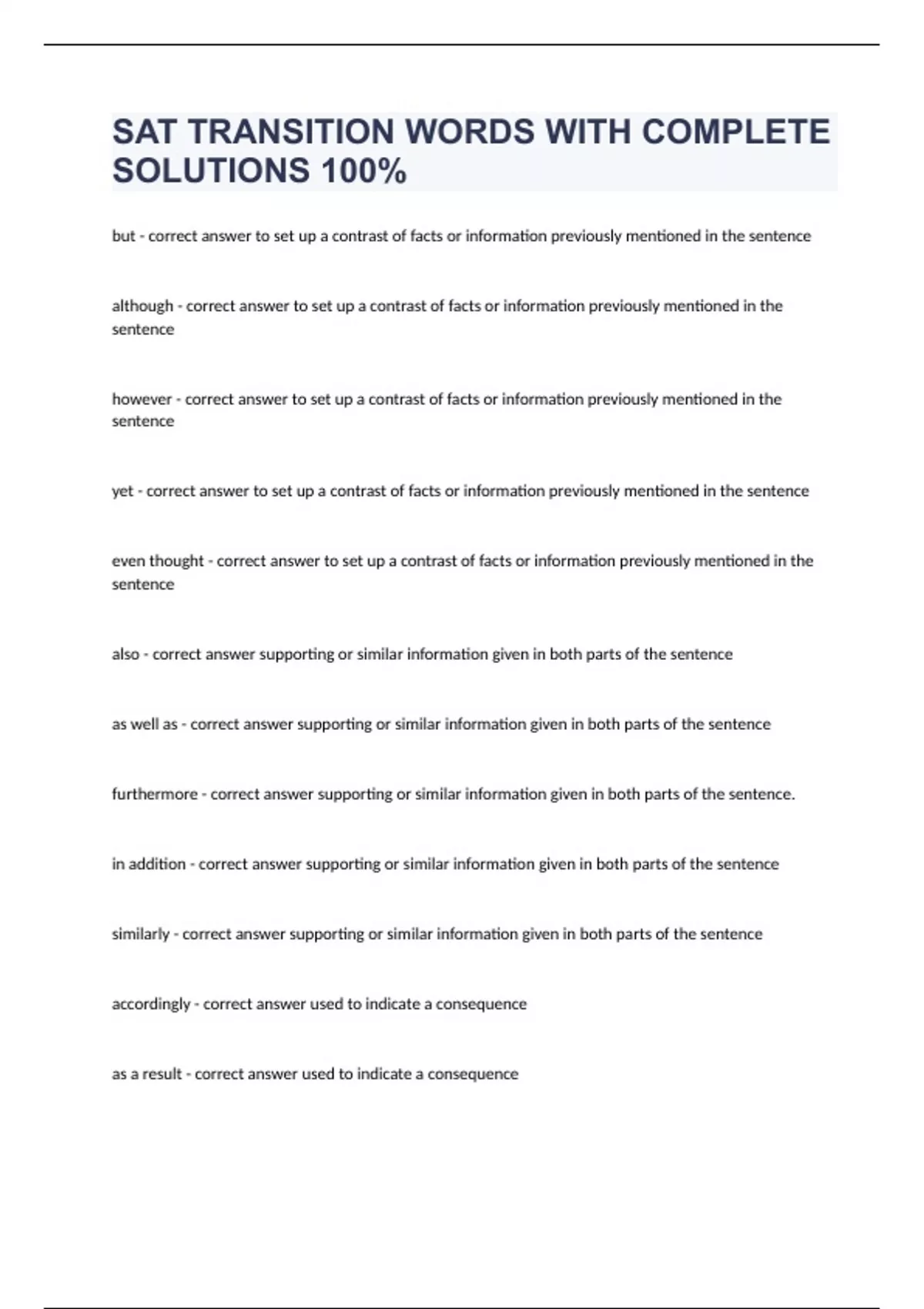 SAT TRANSITION WORDS WITH COMPLETE SOLUTIONS 100% - SAT - Stuvia US
