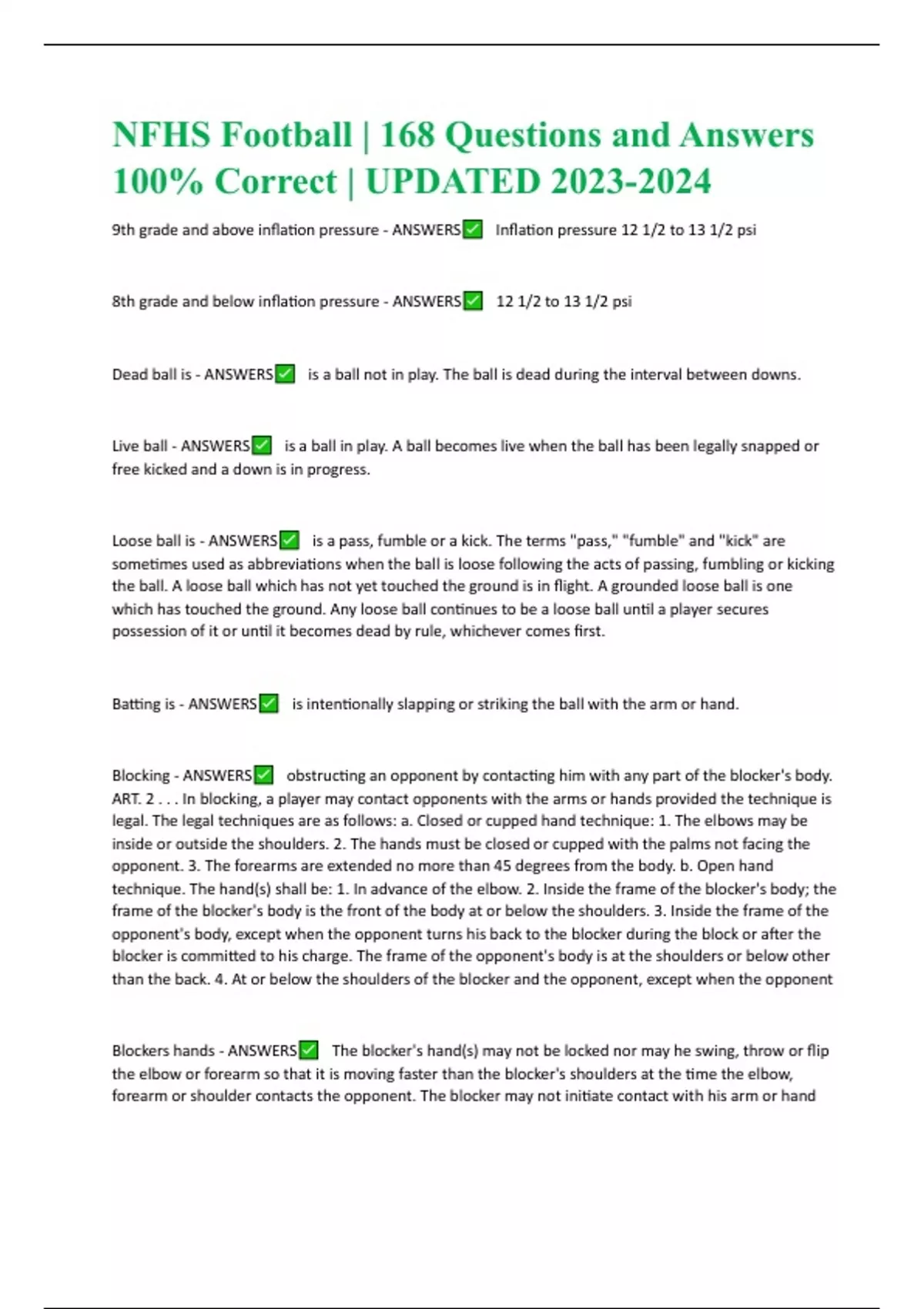 NFHS FOOTBALL BUNDLED EXAMS {perfect guide} Questions and Answers 100% ...