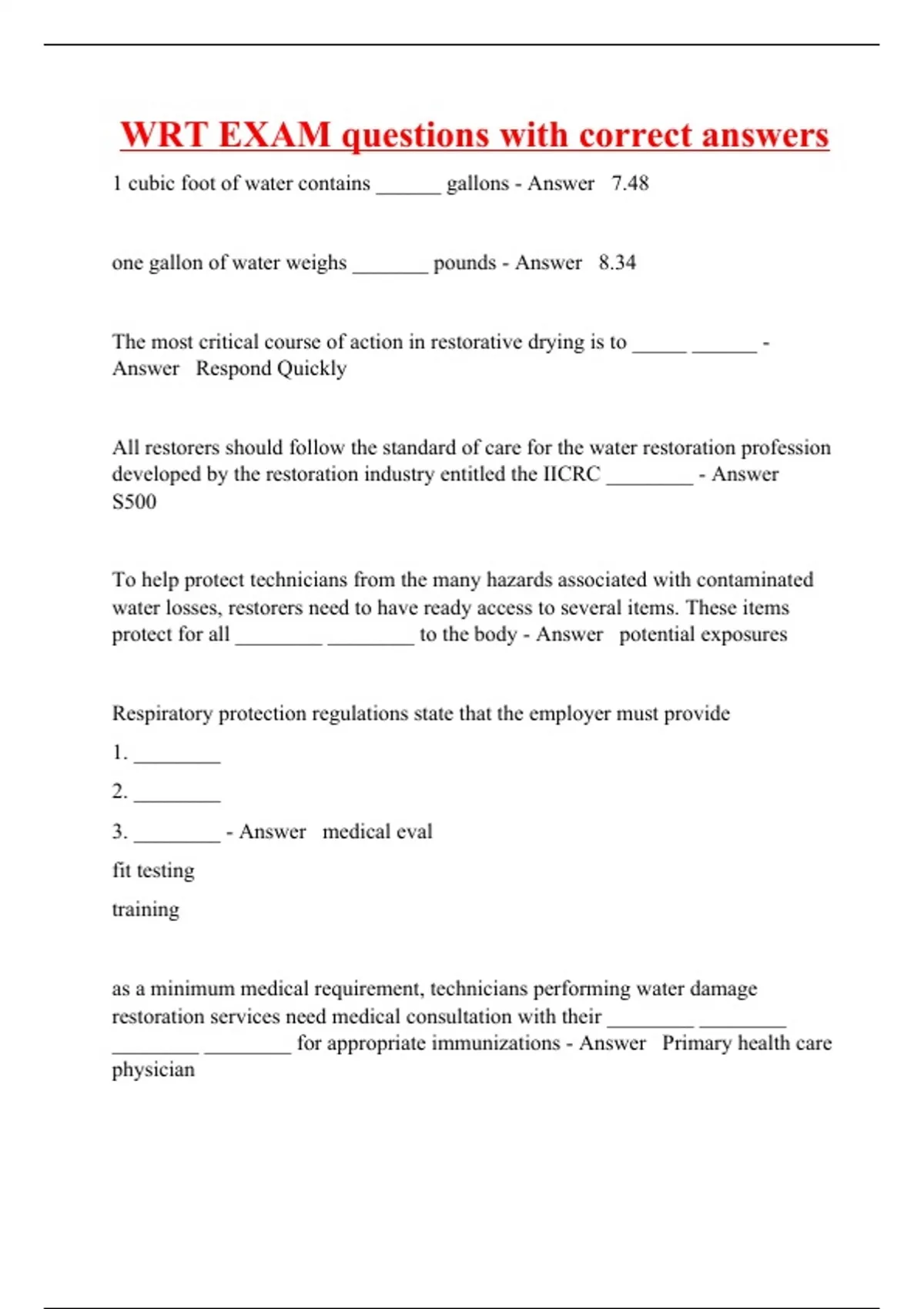 WRT EXAM questions with correct answers - WRT water restoration tech ...