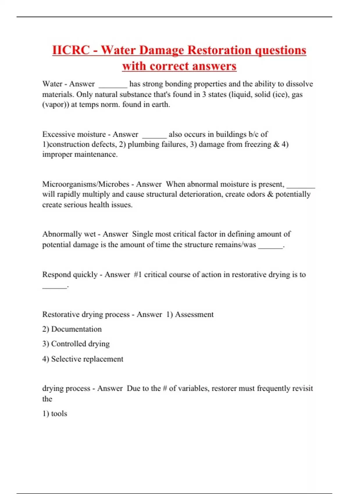 IICRC - Water Damage Restoration questions with correct answers - IICRC ...