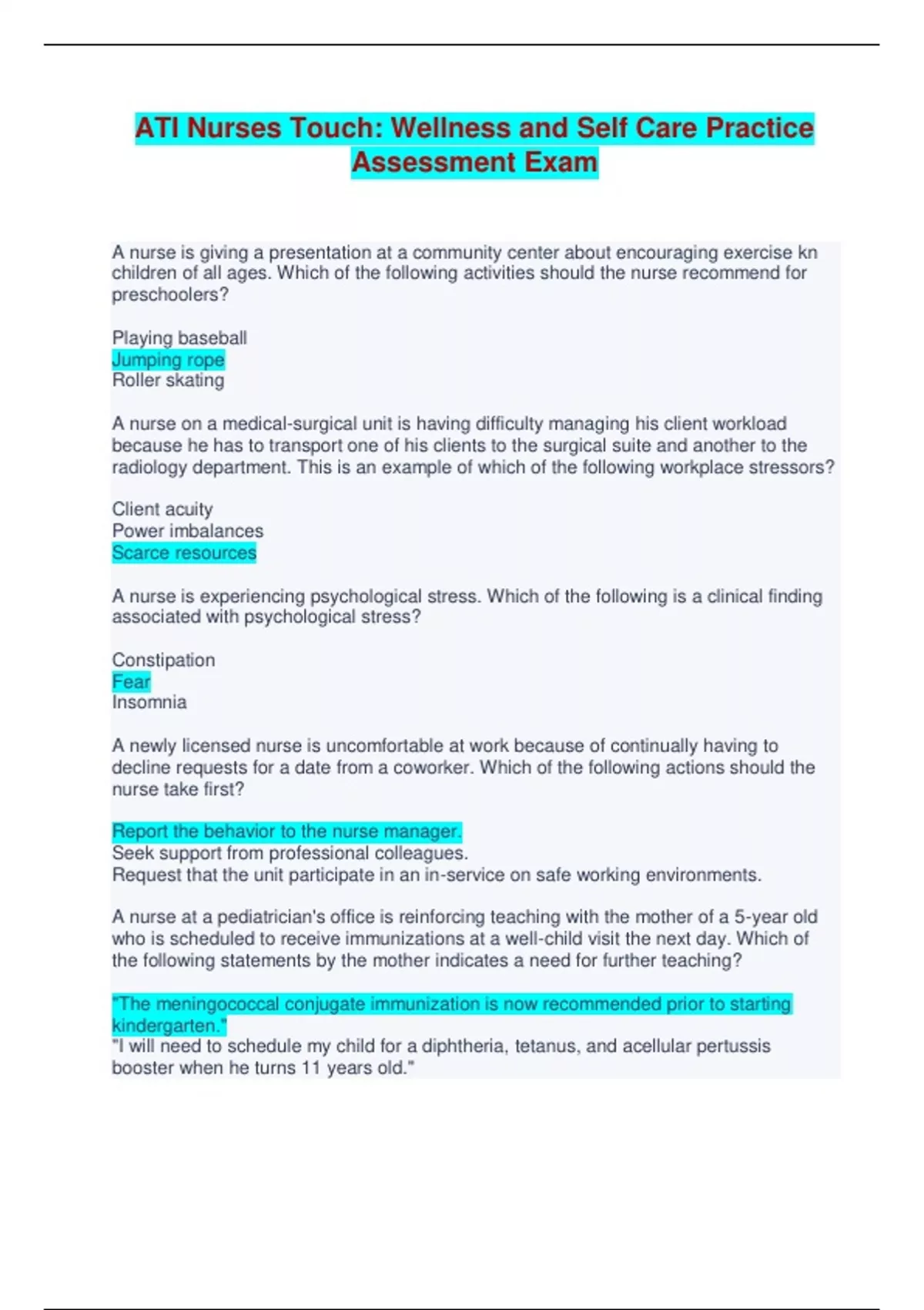 ATI Nurses Touch: Wellness and Self Care Practice Assessment Exam ...