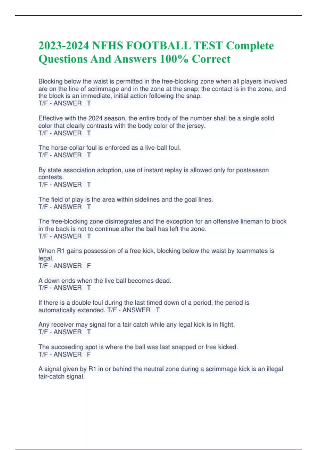 NFHS FOOTBALL TEST Complete Questions And Answers 100% Correct - NFHS ...