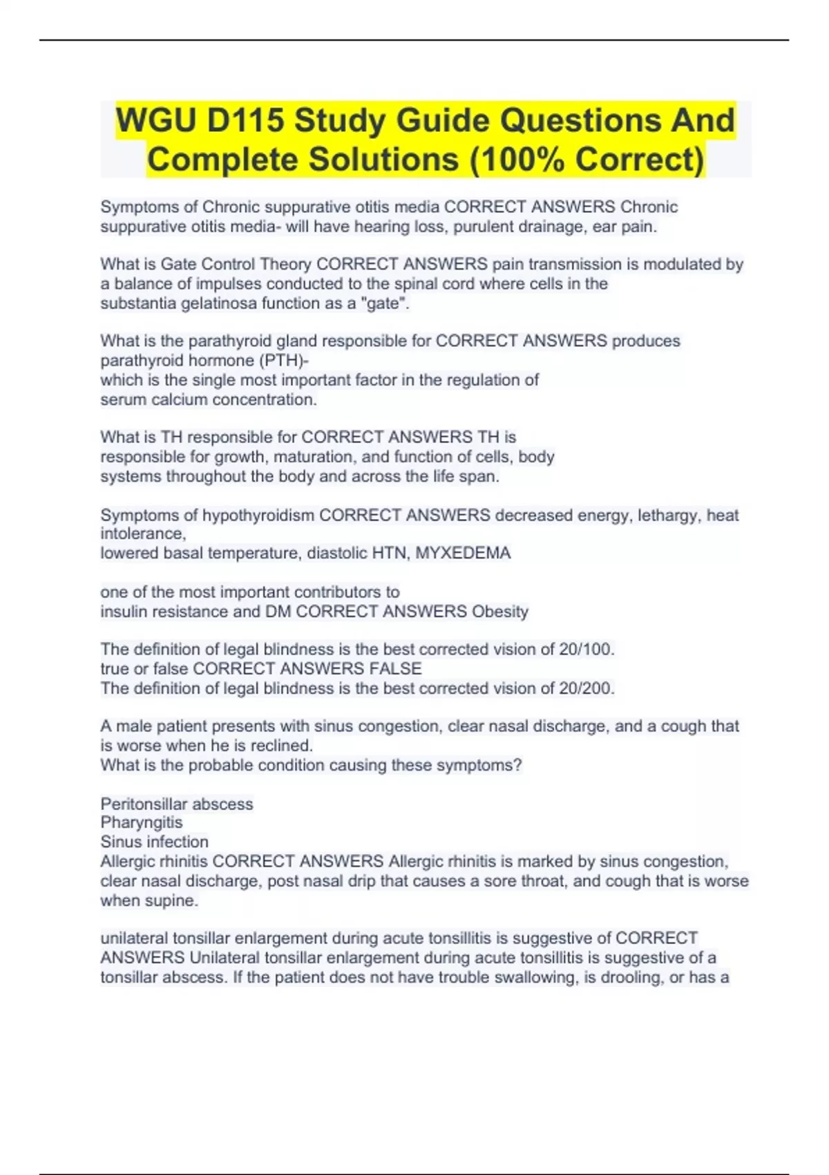 WGU D115 Study Guide Questions And Complete Solutions (100% Correct) - WGU D115 - Stuvia US