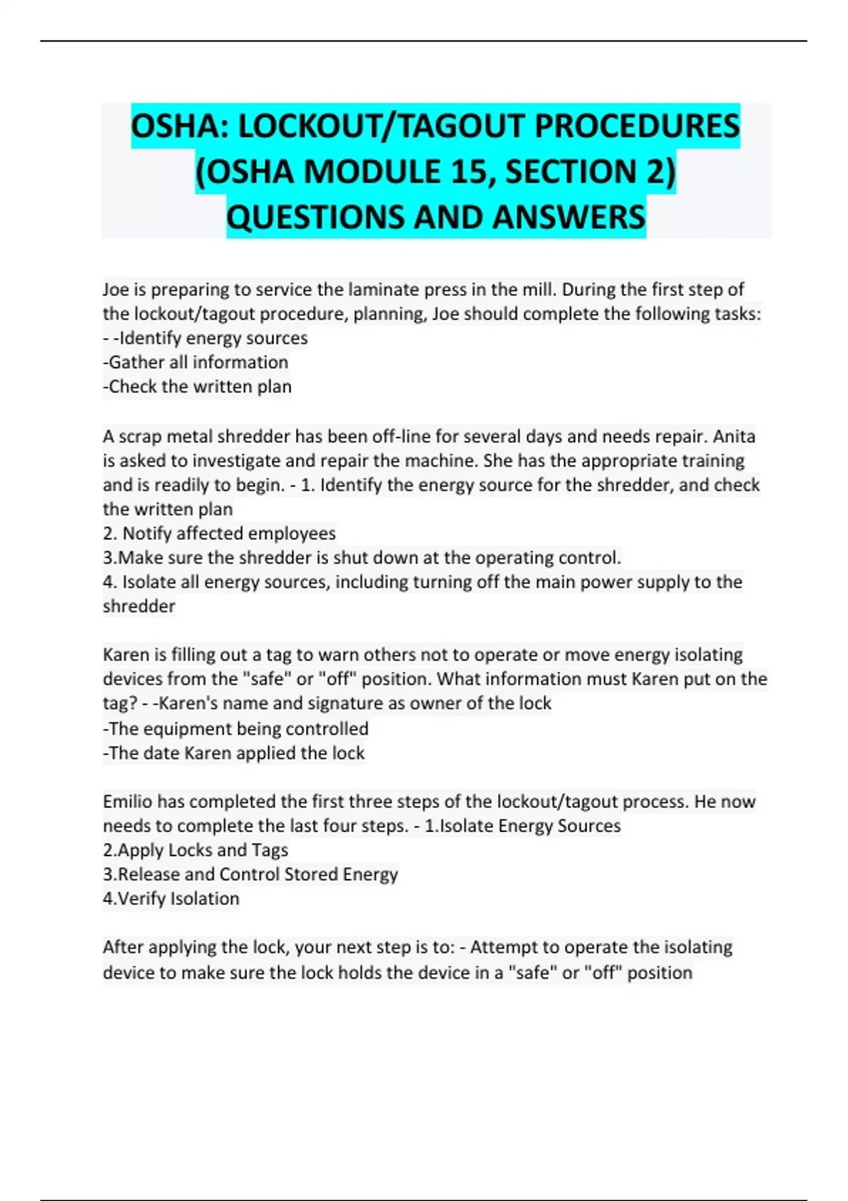 OSHA LOCKOUT TAGOUT PROCEDURES (OSHA MODULE 15, SECTION 2) QUESTIONS ...