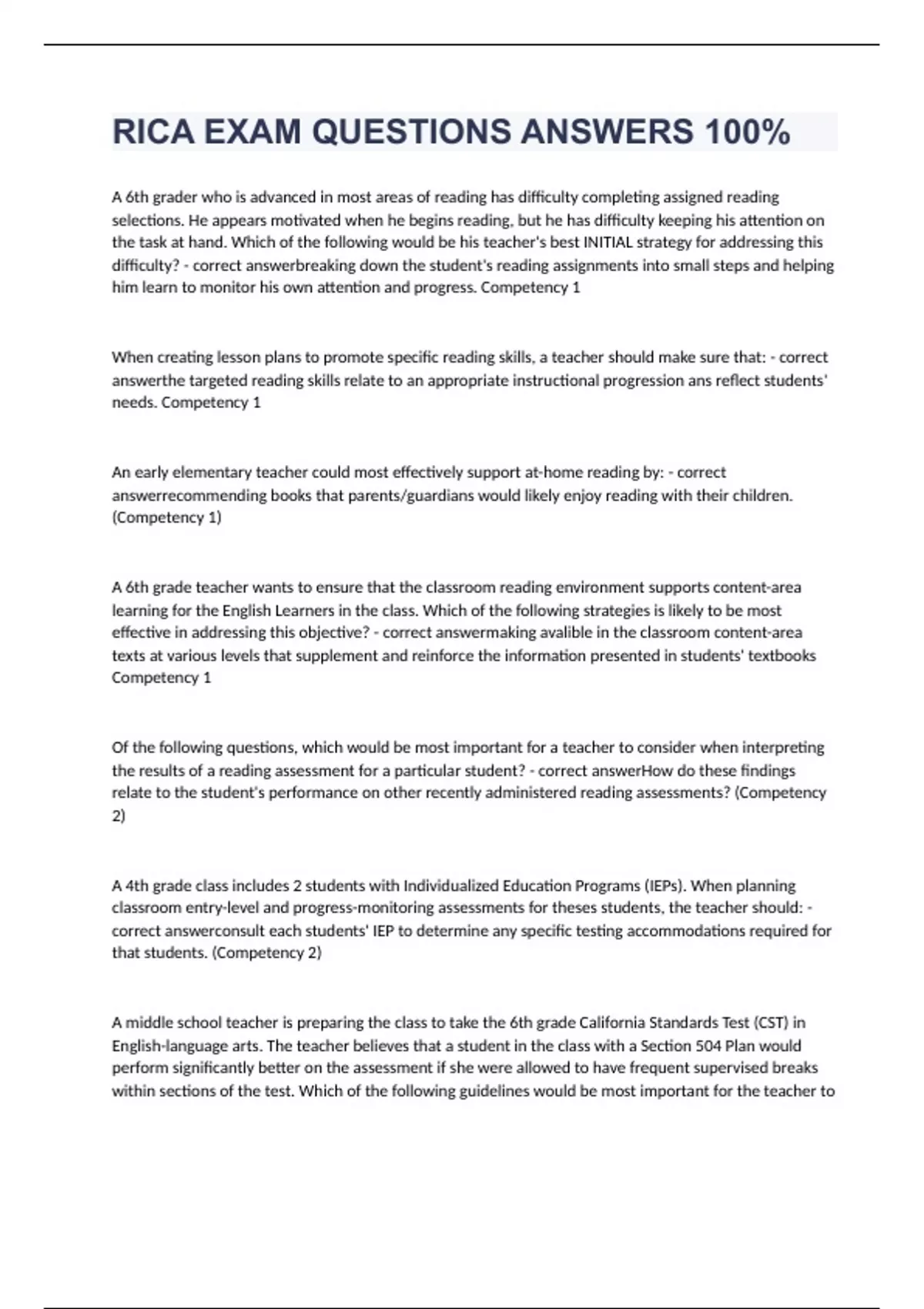 RICA EXAM QUESTIONS ANSWERS 100% - RICA - Stuvia US