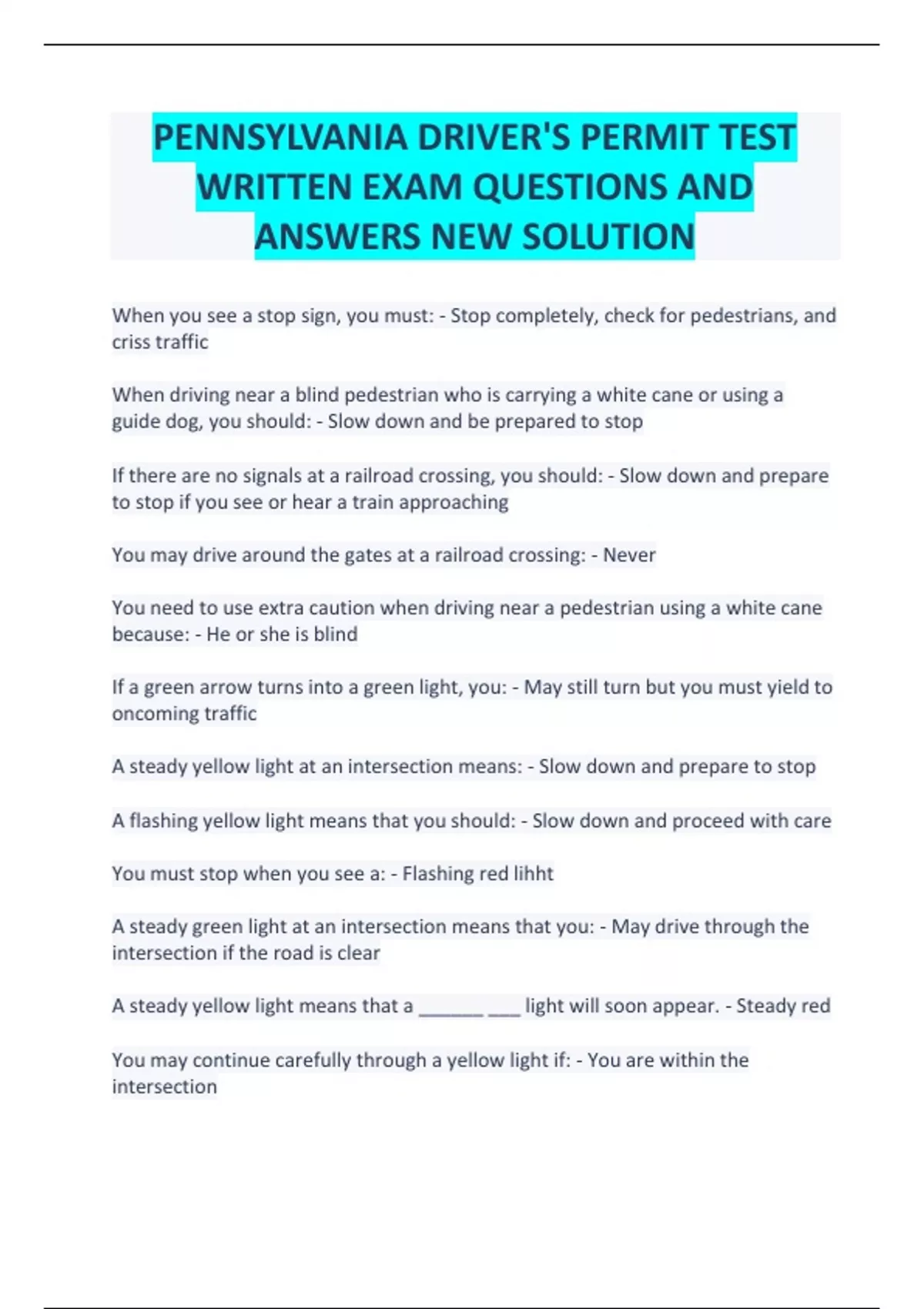 PENNSYLVANIA DRIVER'S PERMIT TEST WRITTEN EXAM QUESTIONS AND ANSWERS ...