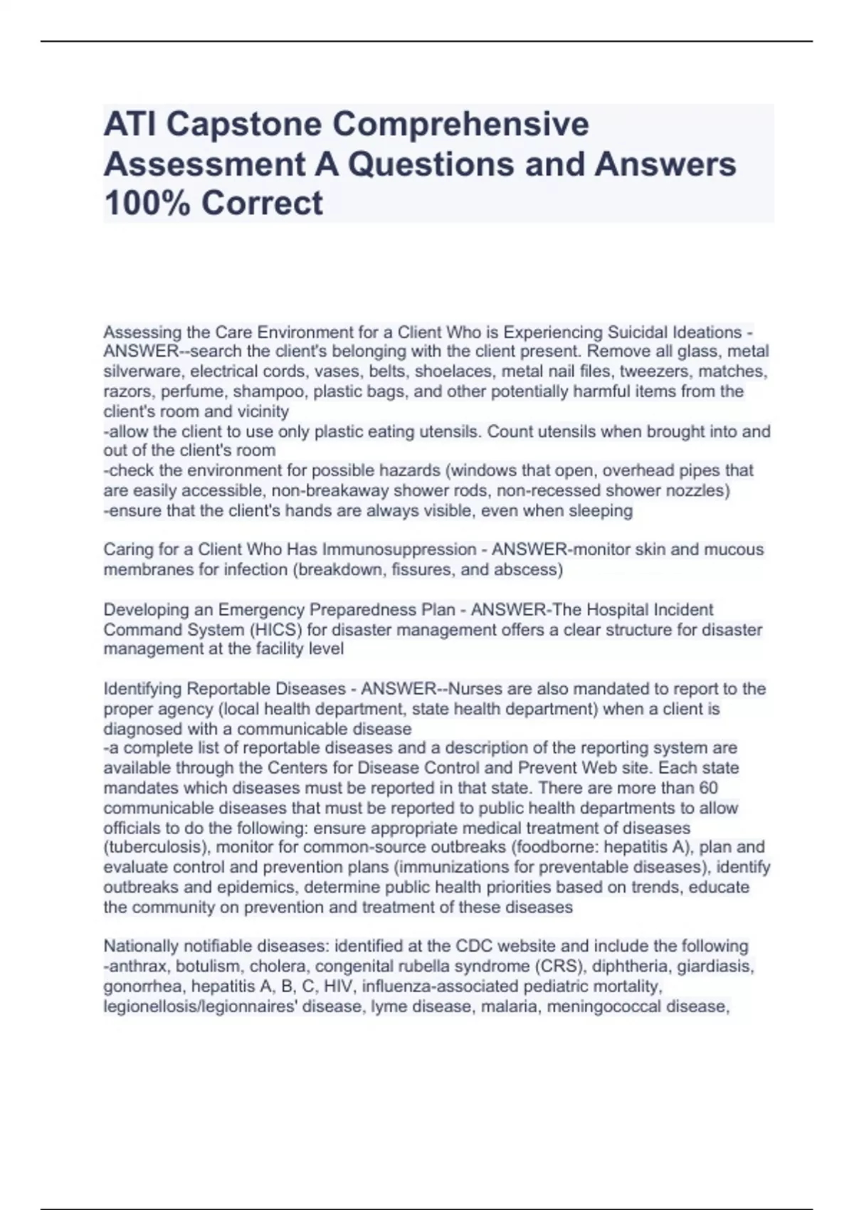 ATI Capstone Comprehensive Assessment A Questions and Answers 100% ...