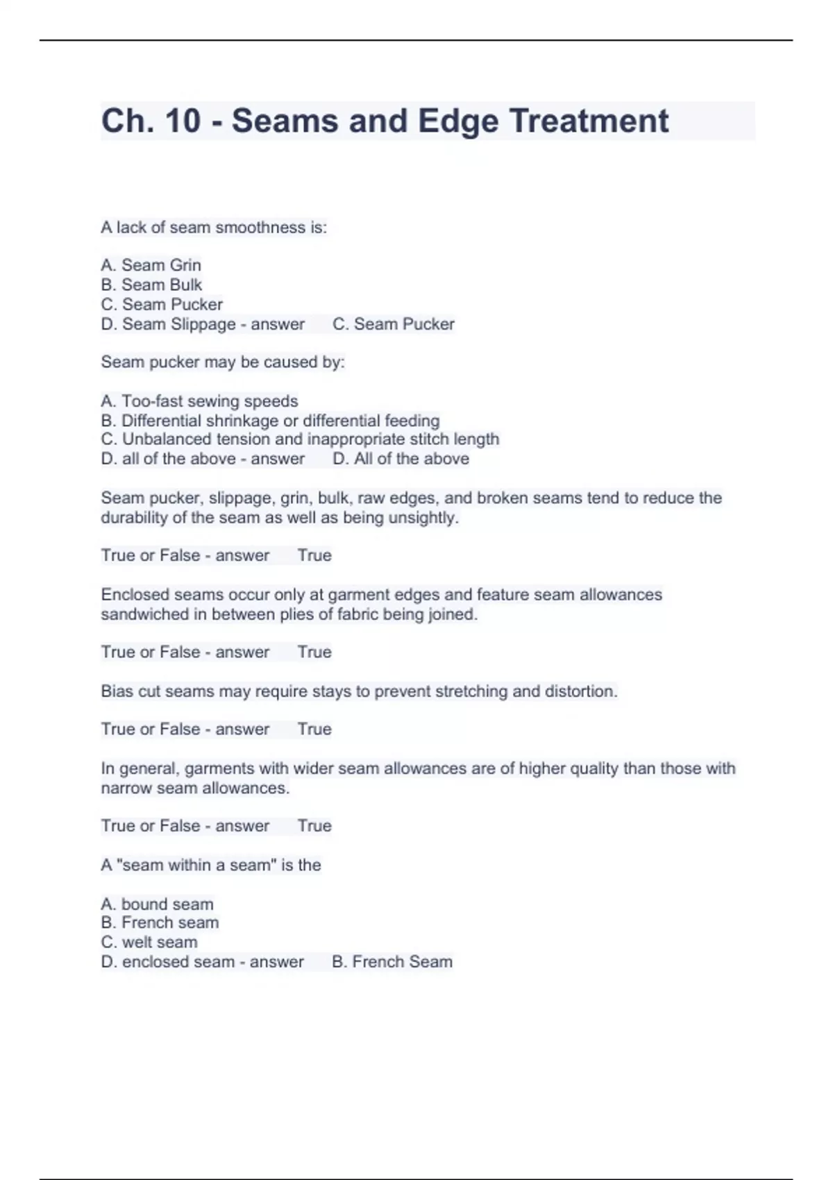 Ch. 10 - Seams and Edge Treatment questions with complete solutions ...