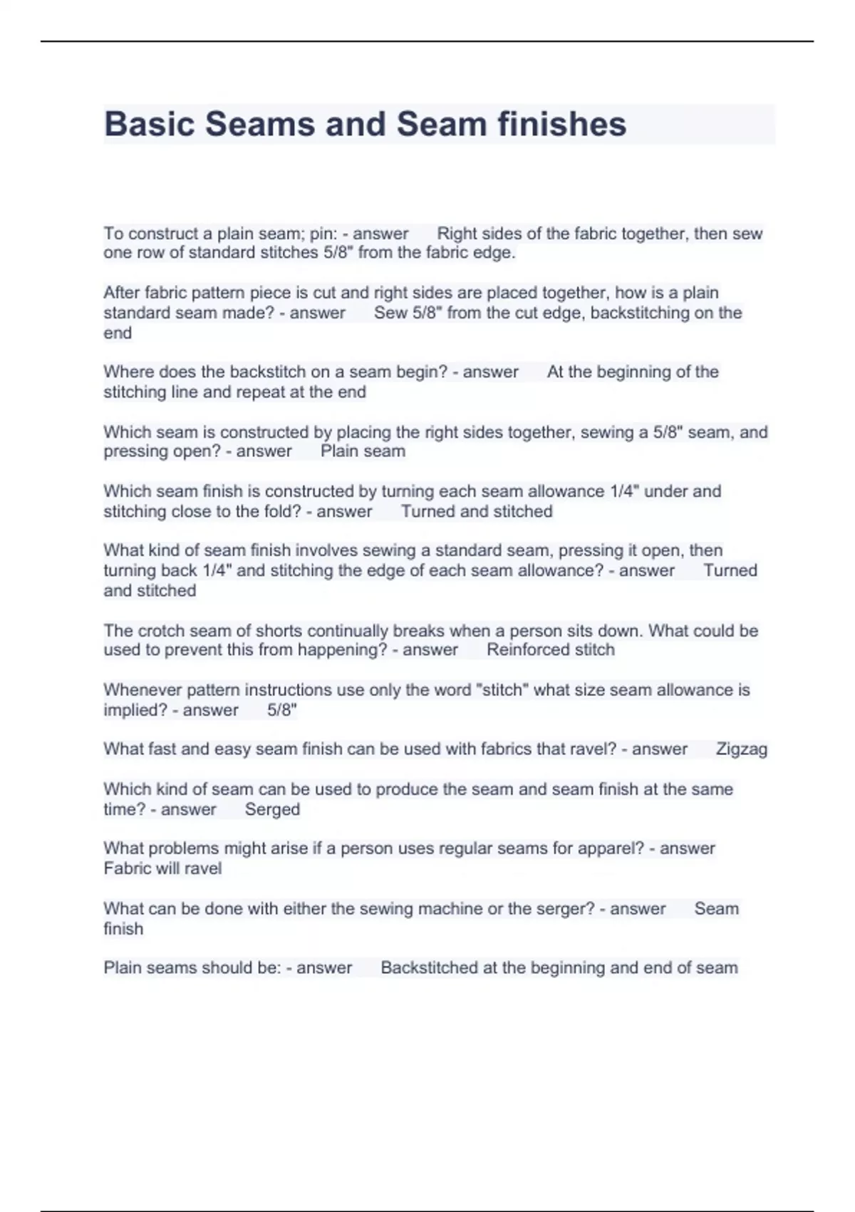 Basic Seams and Seam finishes Questions with Accurate Answers 2023 ...