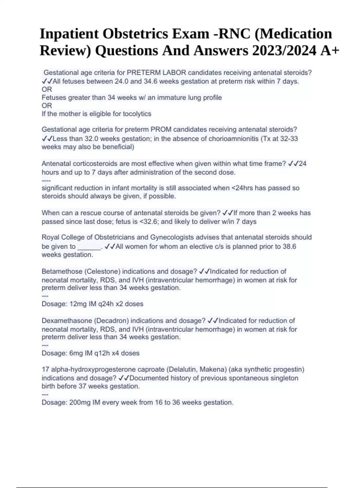 Inpatient Obstetrics Exam -RNC (Medication Review) Questions And ...