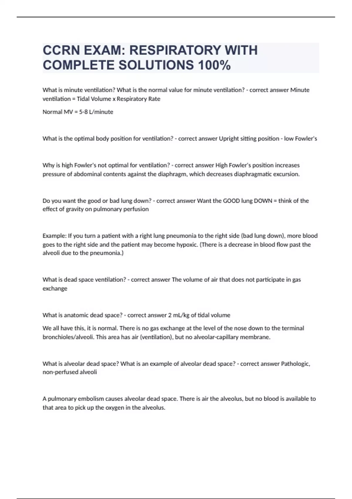 CCRN EXAM: RESPIRATORY WITH COMPLETE SOLUTIONS 100% - CCRN - Stuvia US