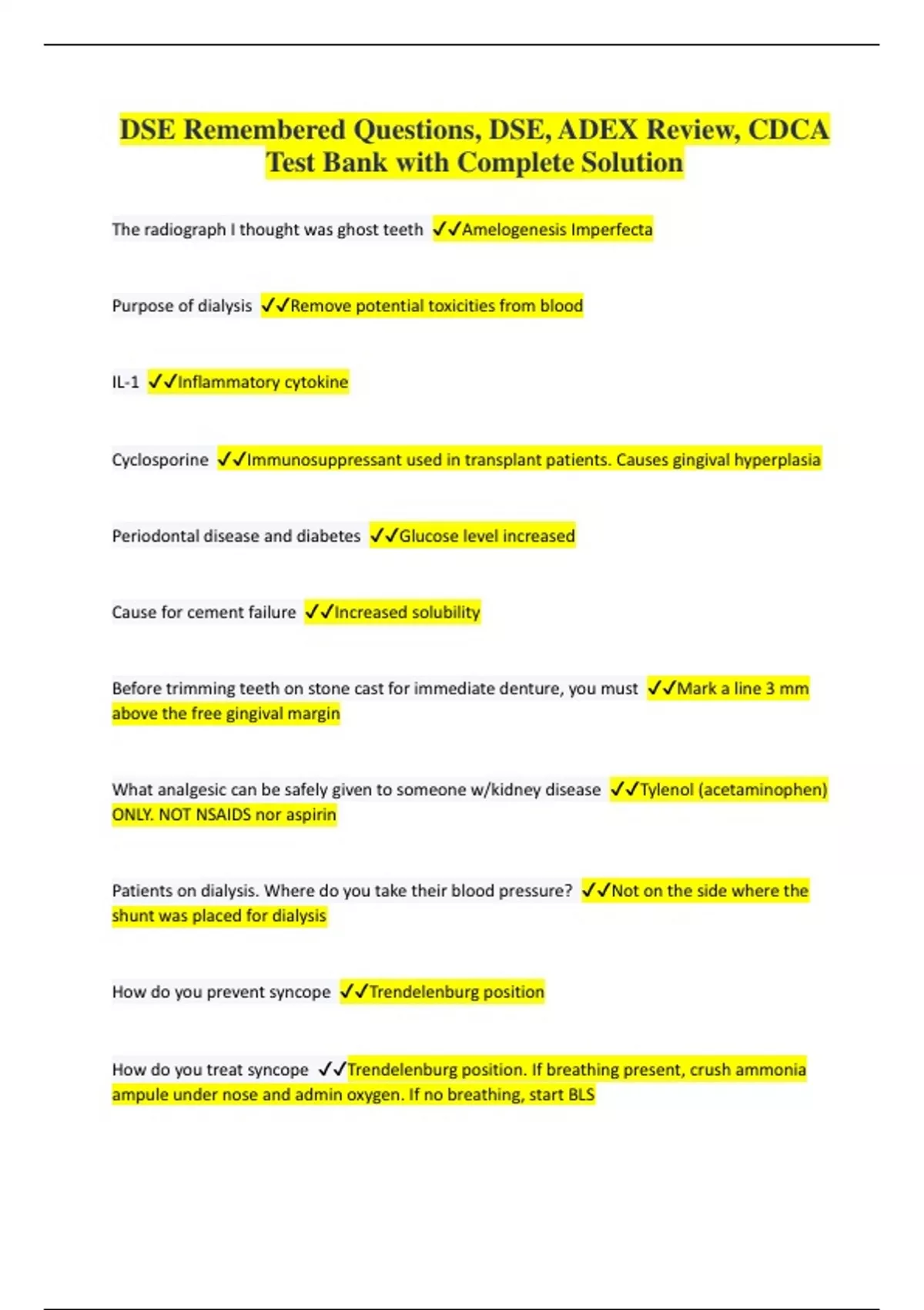 DSE Remembered Questions, DSE, ADEX Review, CDCA Test Bank with ...