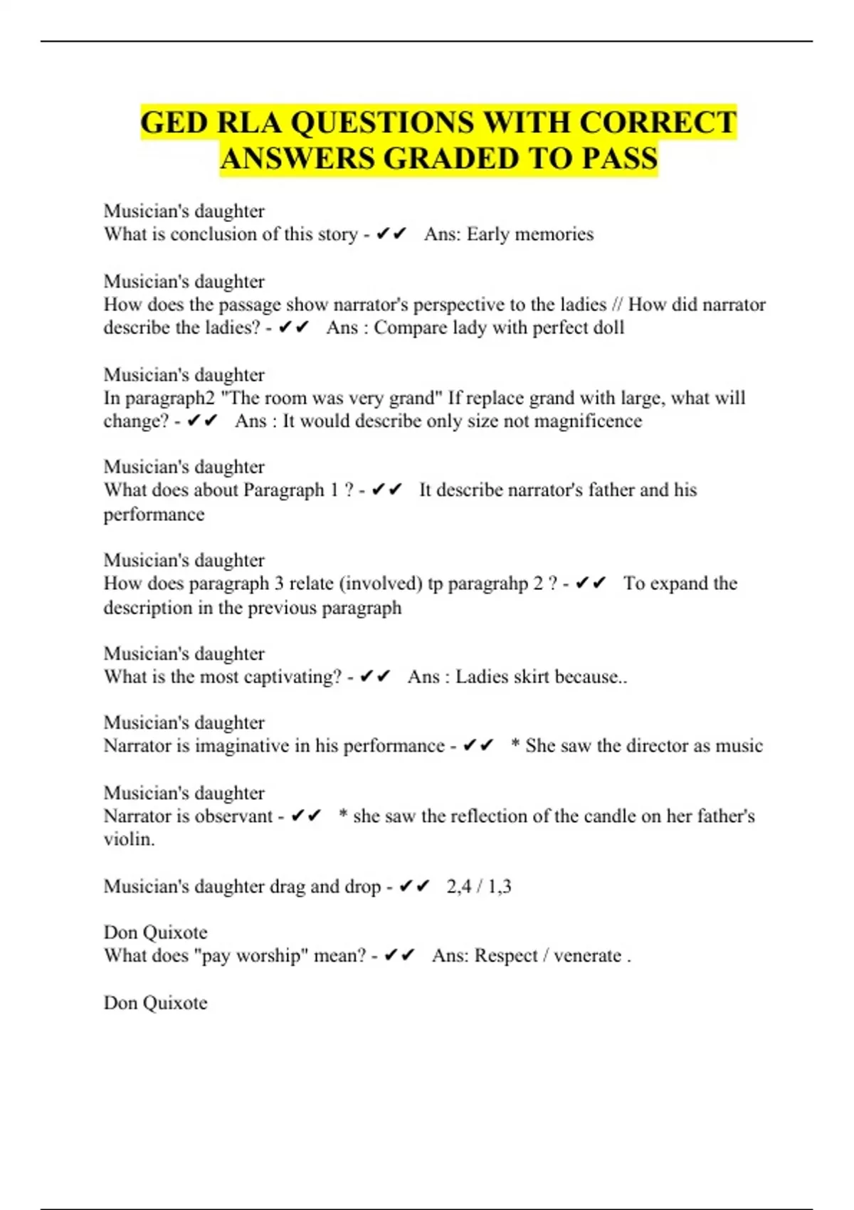 GED RLA QUESTIONS WITH CORRECT ANSWERS GRADED TO PASS - GED - General ...