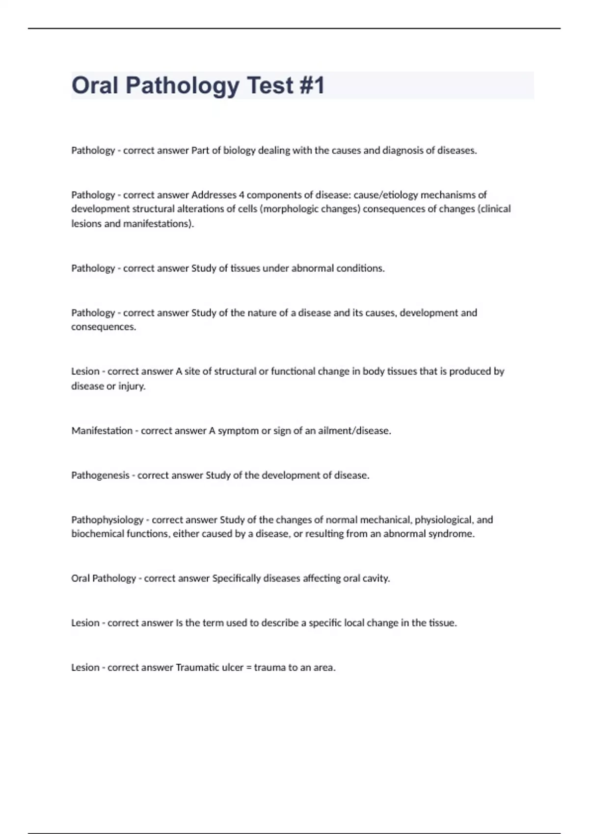 Oral Pathology Test #1 fully solved 2023/2024 - TCDHA - Stuvia US