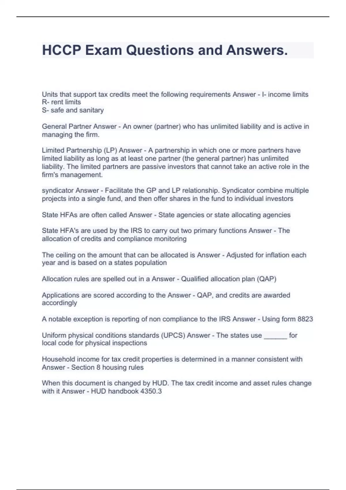 HCCP Exam Questions and Answers. - HCCP - Housing Credit Certified ...