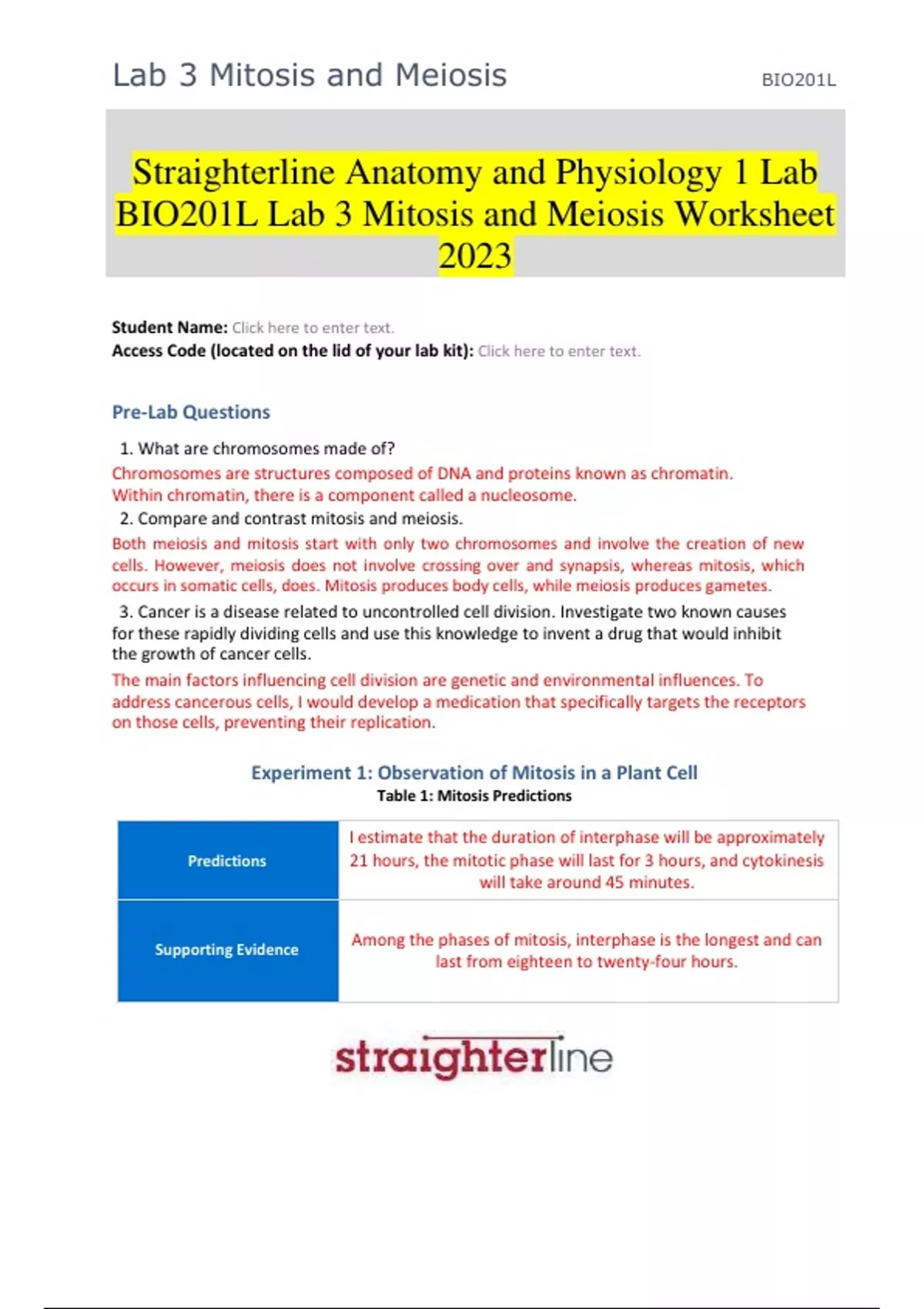 Straighterline Anatomy and Physiology 1 Lab BIO201L Lab 3 Mitosis and ...