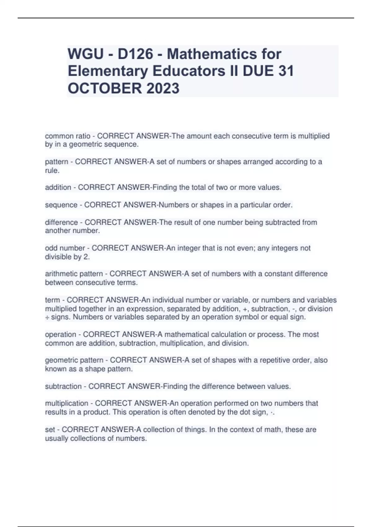 WGU - D126 - Mathematics for Elementary Educators II DUE 31 OCTOBER 2023 - WGU - D126 - Stuvia US
