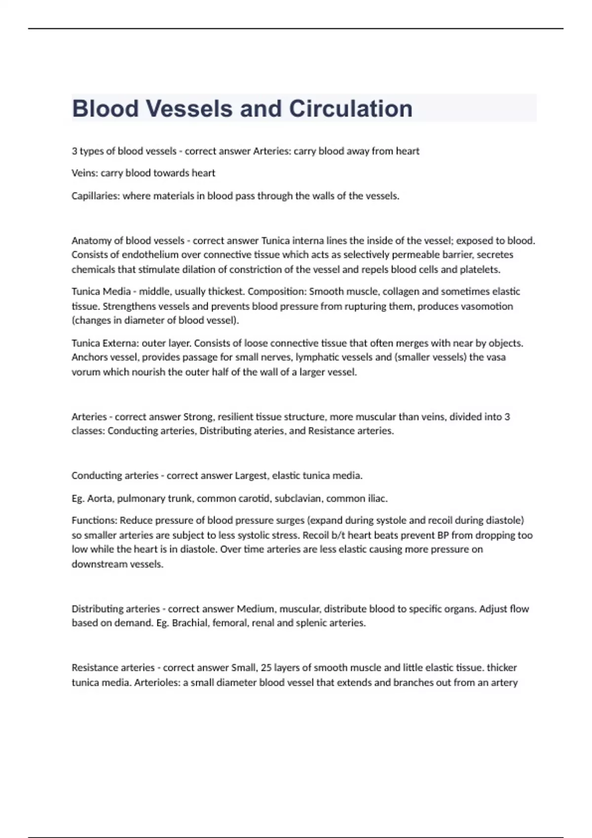 Blood Vessels and Circulation questions with correct answers - TCDHA ...