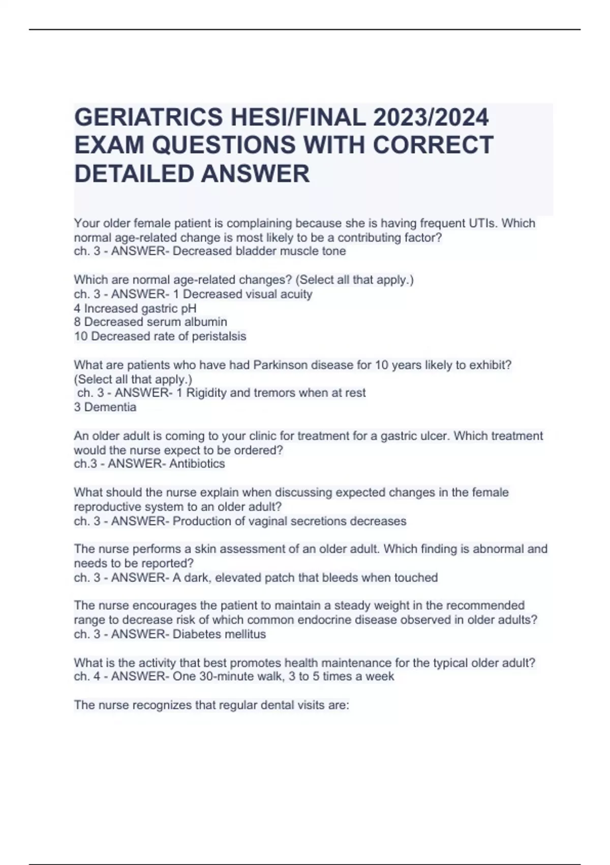 GERIATRICS HESI/FINAL 2023/2024 EXAM QUESTIONS WITH CORRECT DETAILED ...